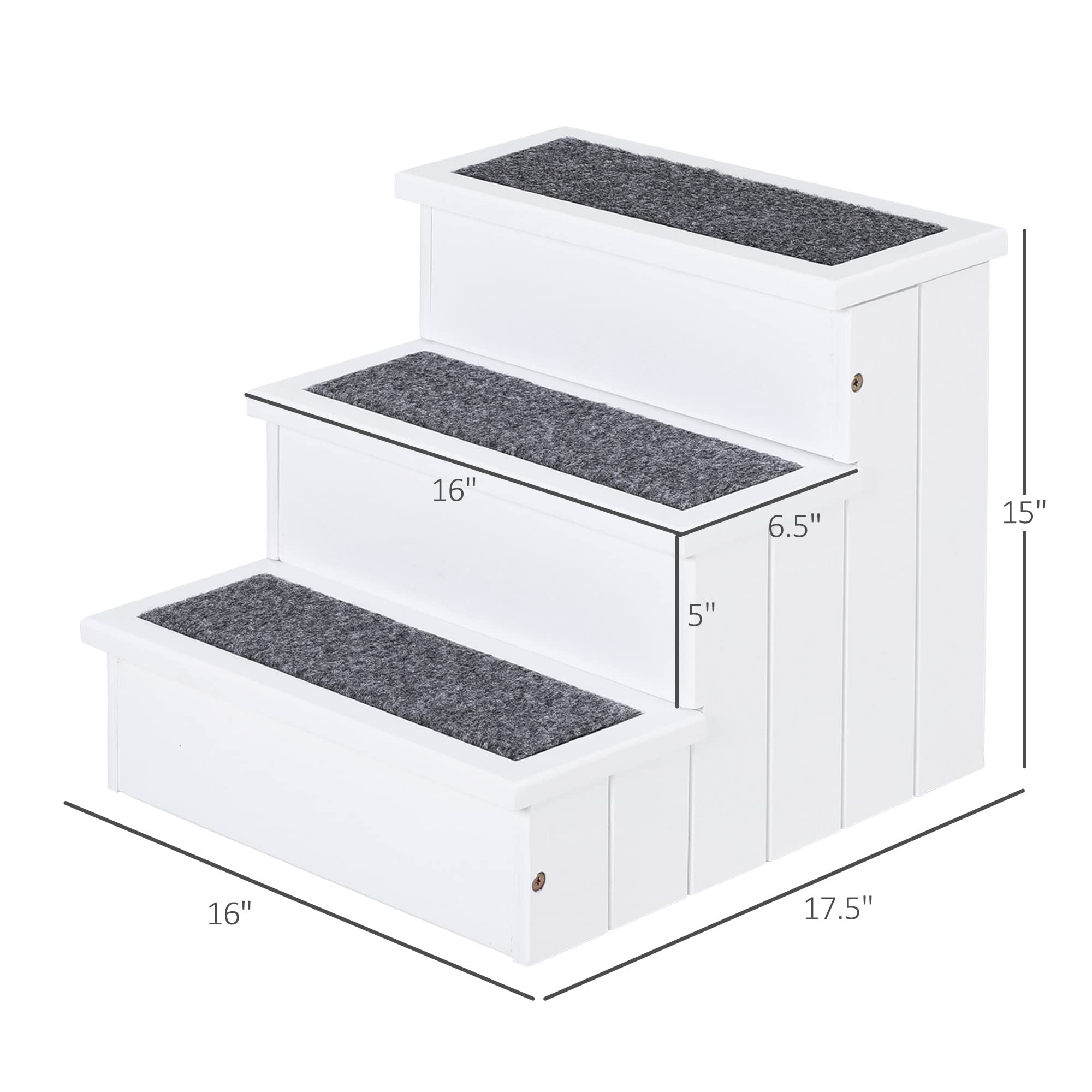 PawHut 3 Step Wooden Carpeted Non Slip Pet Stairs Ramp for Cats and Small Dogs - White
