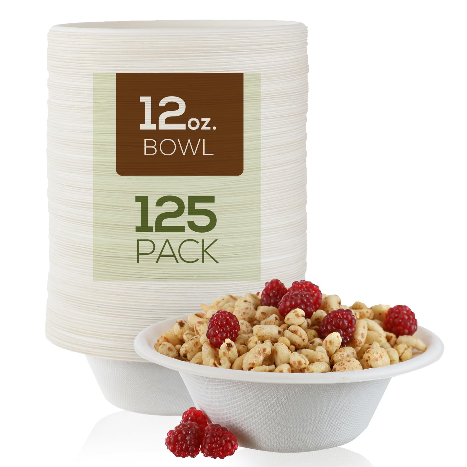Paper Bowls 12 oz [125-Pack] - 100% Biodegradable Heavy Duty Disposable Bowls, Compostable Bowl Made from Bagasse/Sugarcane, for Hot and Cold Food – Sturdy Design and Textured Exterior