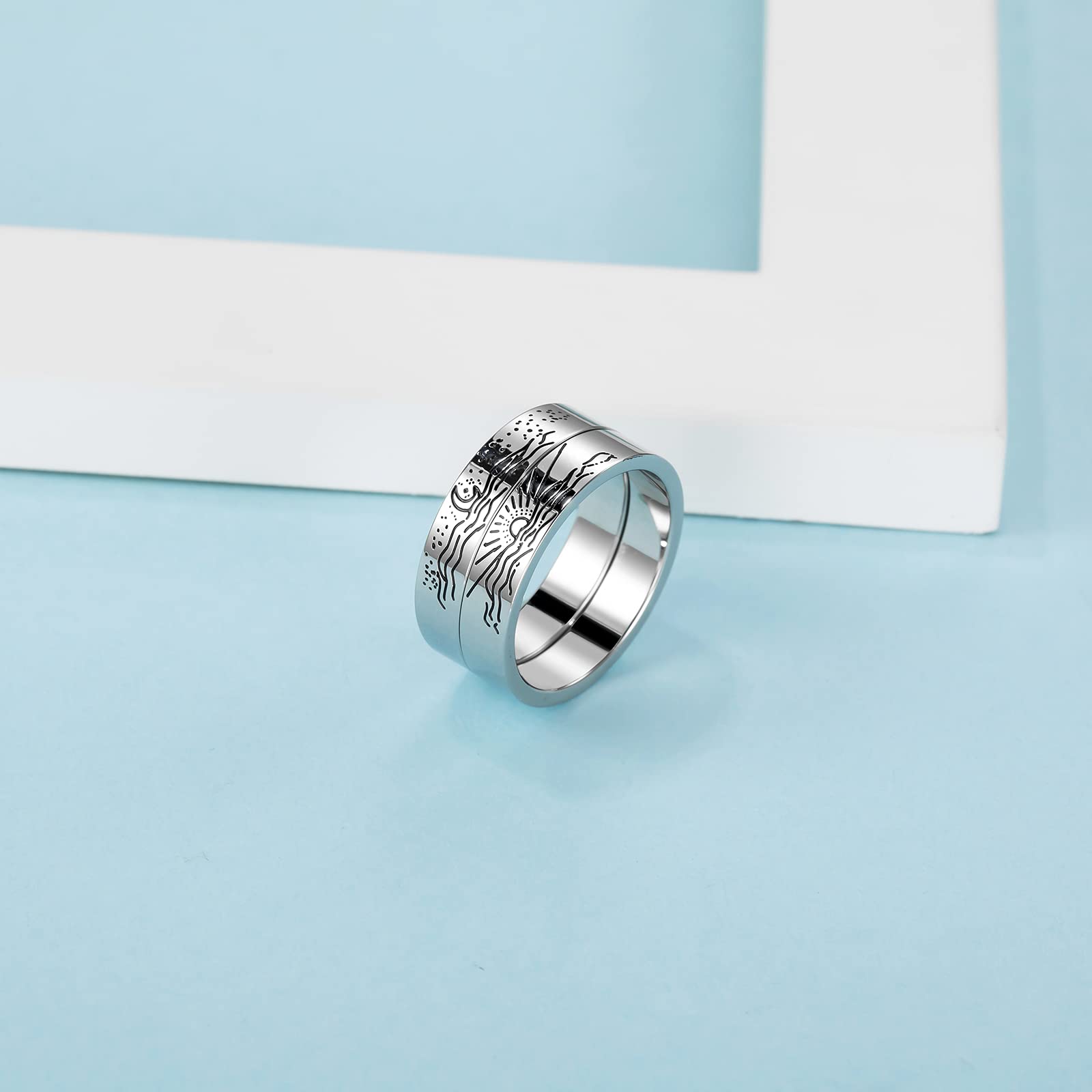 Sunflower Jewellery Moon and Sun Ring, Couple Ring,sun ring,sunrise ring,Crescent Moon ring,Friendship Ring, Star Ring, Lover Ring, Partner Ring, Gift (Stainless Steel, 8)