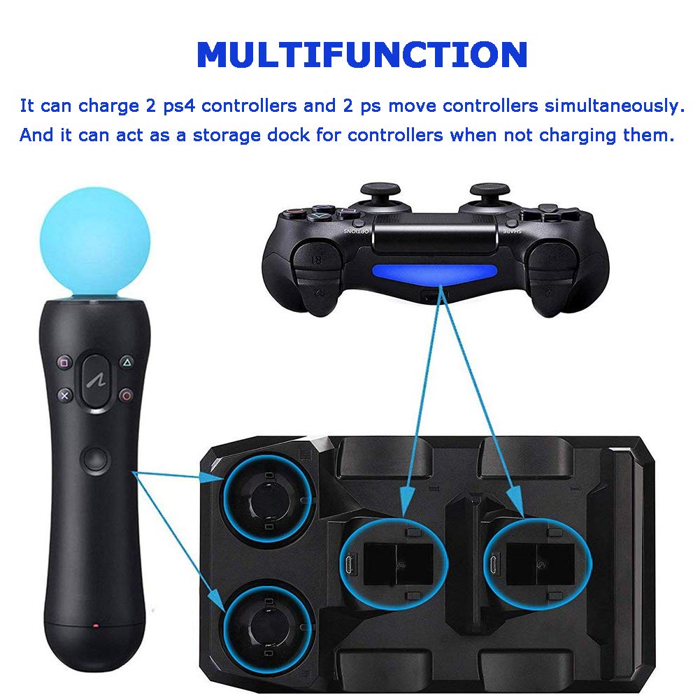 Seetwo Charging Dock Station for PS4 PSVR Controller Charger for PS4 PS Move Motion, 4 in 1 Charging Dock Charger Stand Fast Charging with LED Indicator