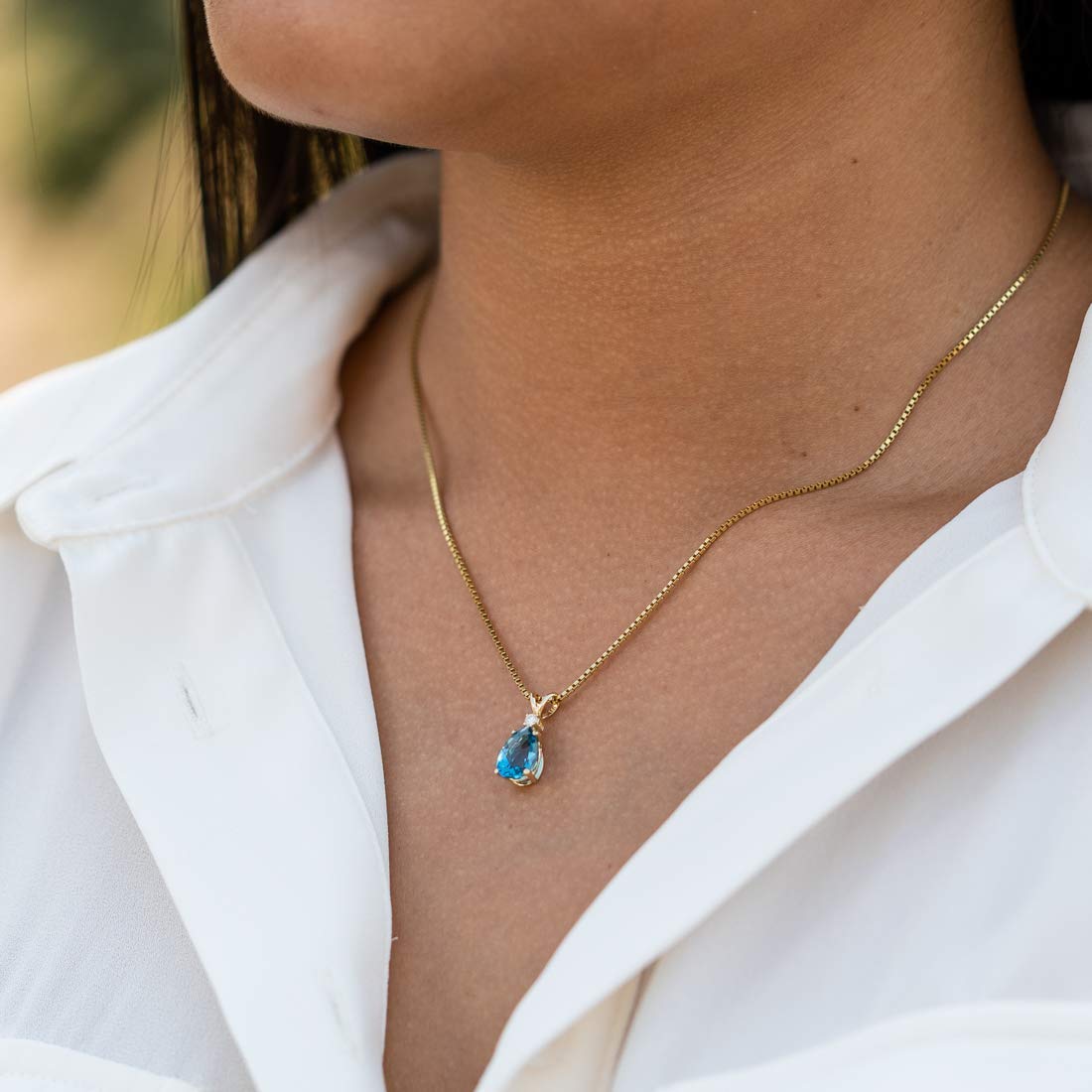 PEORA 14K Yellow Gold 2 Carats London Blue Topaz with Diamond Pendant, Genuine Gemstone Teardrop Solitaire, Pear Shape 10x7mm AAA Grade