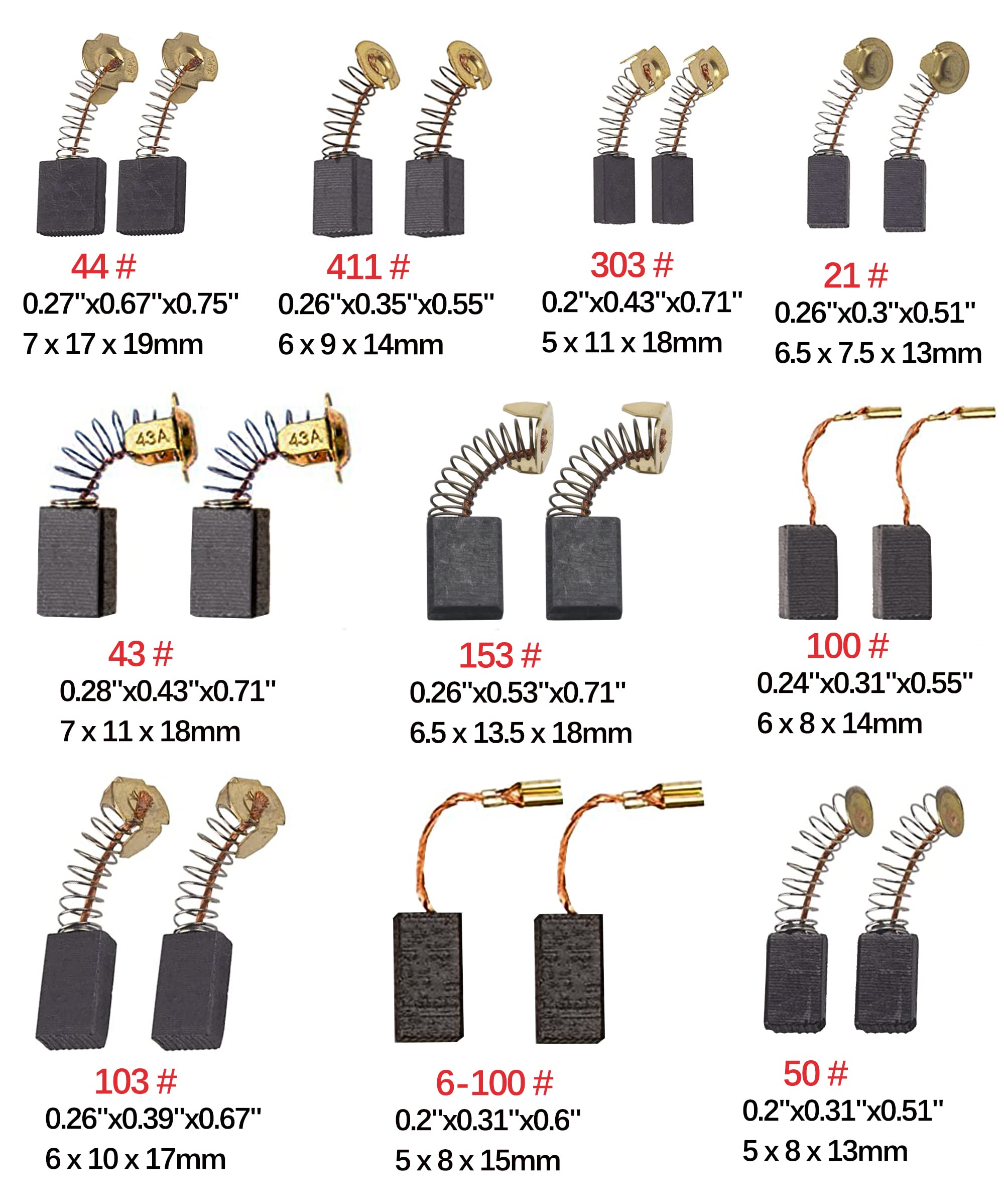 UFelice 20Pcs Electric Motor Carbon Brush 10 Different Sizes Brushes Replacement Part for Power Tools