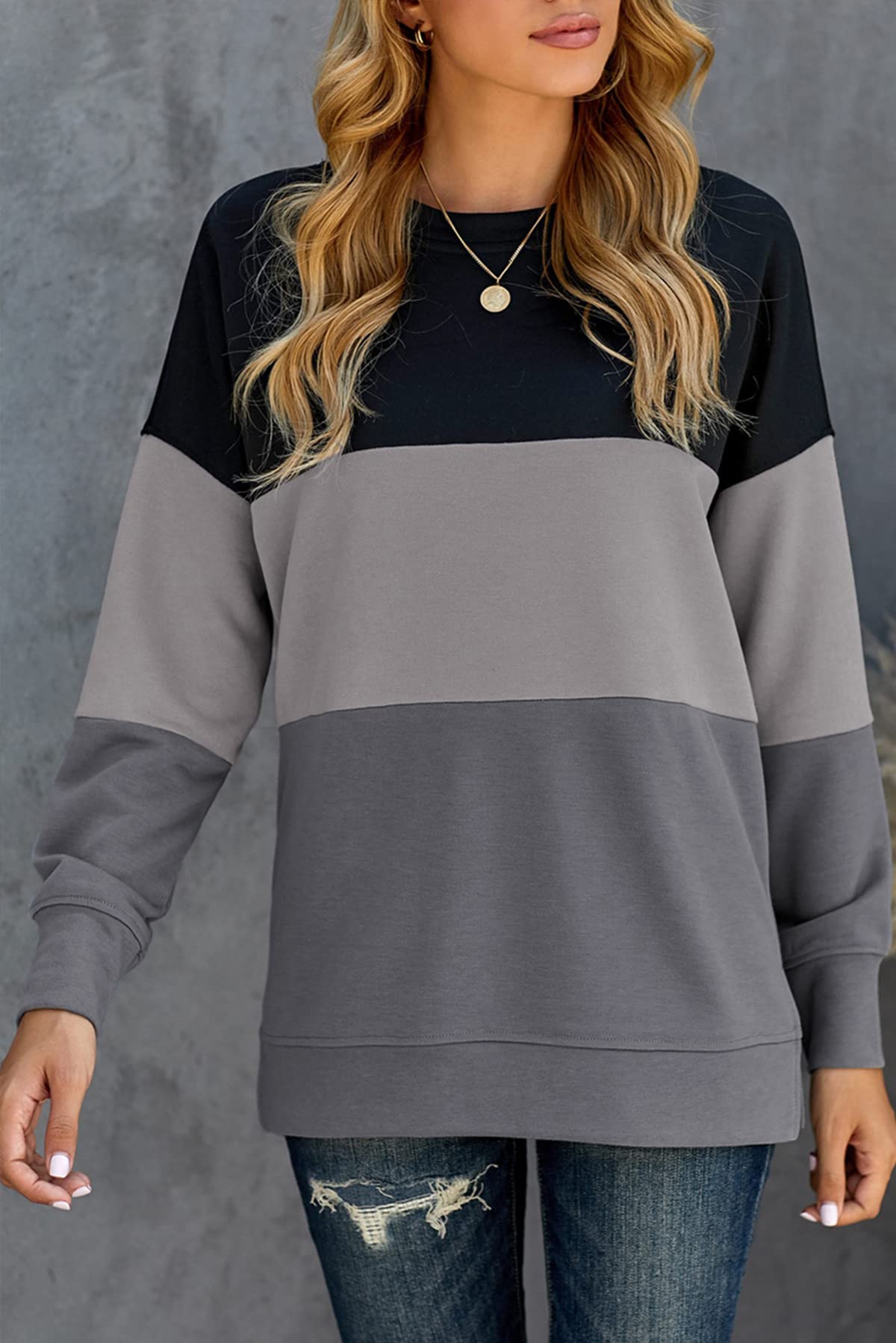 URMOSS Womens Casual Long Sleeve Crewneck Sweatshirt Color Block Lightweight Loose Pullover Tops Shirts (Multi Black,S)