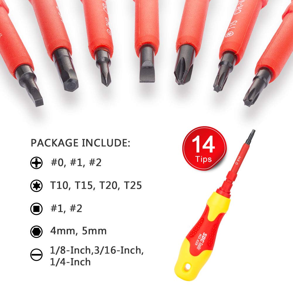 SDC Magnetic Screwdriver Set, Insulated Multi Screw Driver Kit, with 14 Ultra-Strong Interchangeable Tips (3 Phillips, 3 Slotted, 4 Torx, 2 Square, 2 Hex)