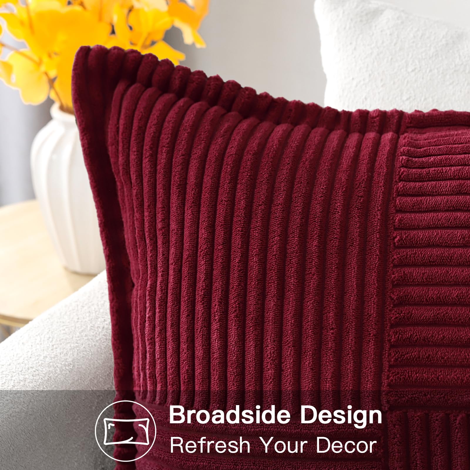 OTOSTAR Set of 2 Corduroy Throw Pillow Covers with Splicing Super Soft Boho Striped Pillow Covers Broadside Decorative Textured Throw Pillows for Couch Sofa Bed Living Room 18x18 Inch, Burgundy