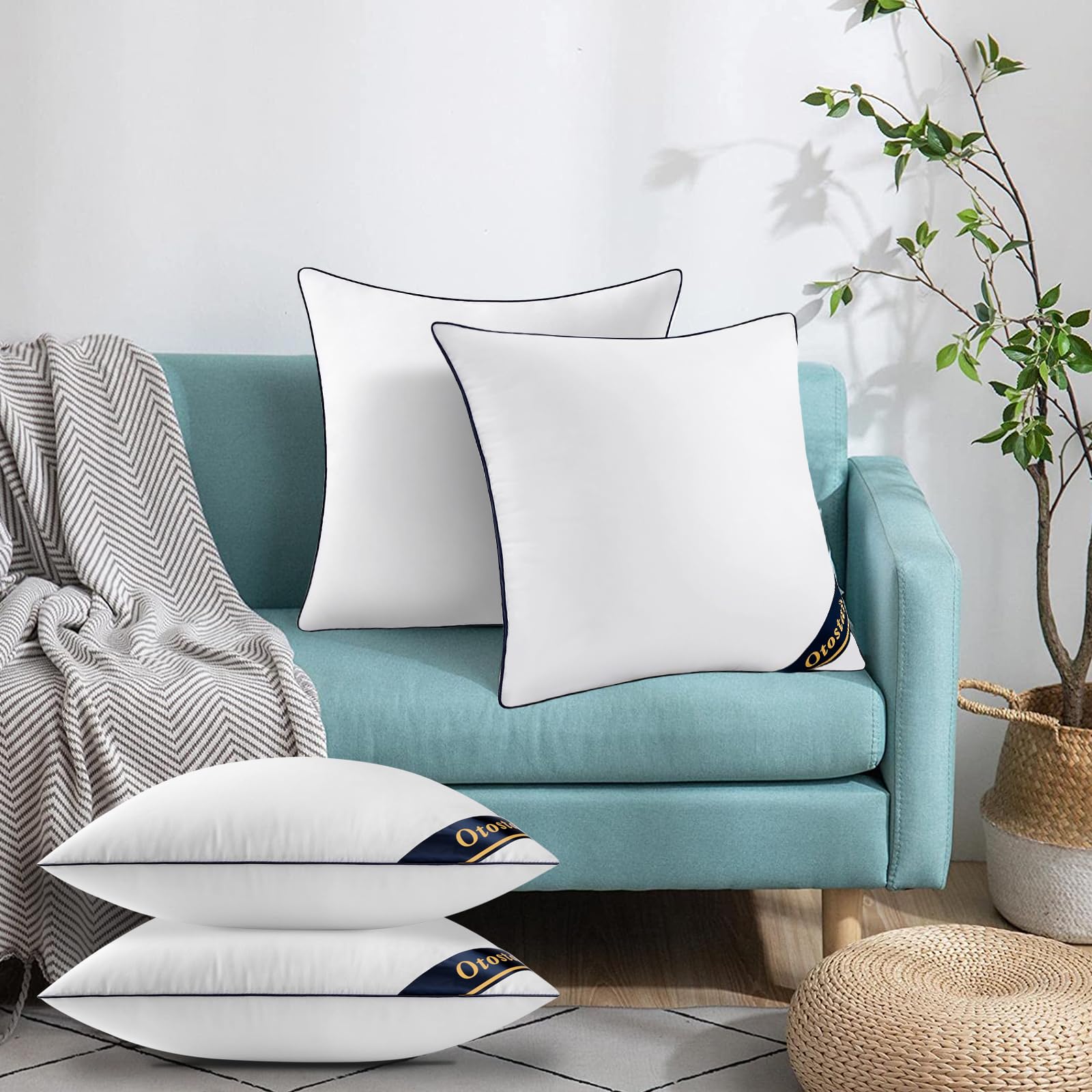 OTOSTAR Throw Pillow Inserts 20x20 Inch Pack of 4 Decorative Throw Pillows with Cotton Cover Soft Pillow Stuffer Square Pillow Inserts Lumbar Support Pillow Form for Sofa Indoor Bed Couch Decor