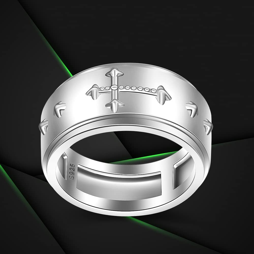 Talonior Fidget Cross Rosary Spinner Ring Sterling Silver Anxiety Ring with Beads for Women Praying Christian Religious Catholic Engagement Promise Band Rings Worry Size 9