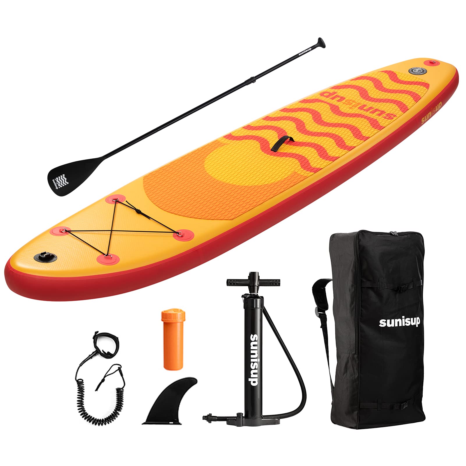 SUNISUP SUP Inflatable Paddle Board for Adults, 10.6β x 30β x 6β, Non-Slip Stand Up Deck with Bottom Paddling Fin, Paddleboard Accessories with Air Pump, Bag, Ankle Leash, Go Pro Mount (Orange/Yellow)