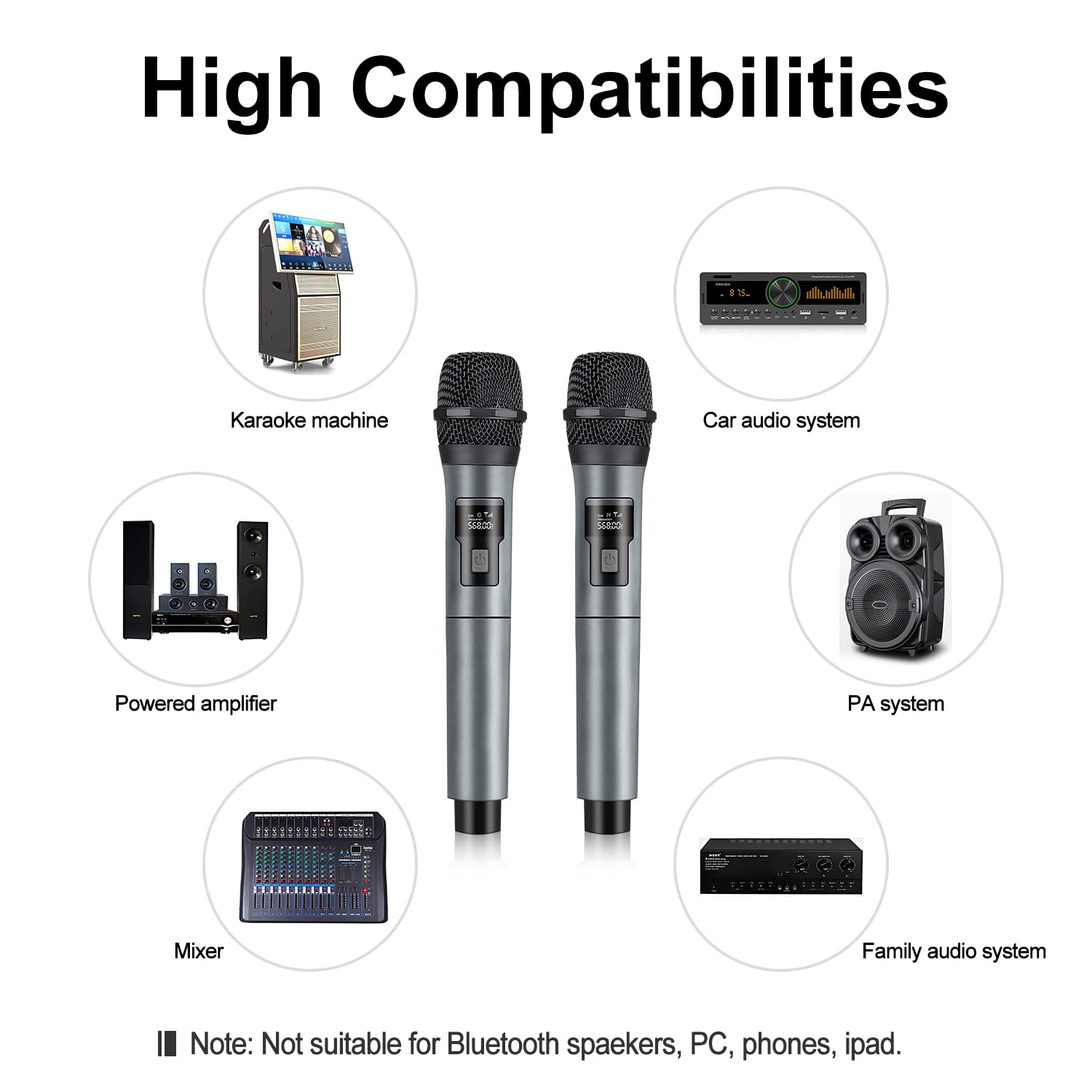 SMARTSWORD Wireless Microphone, Dual Portable Handheld Dynamic Karaoke Mic System with Rechargeable Receiver, Cordless Mic Set for Wedding, Party, Speech, Church, Meeting, 160 ft Range,Grey