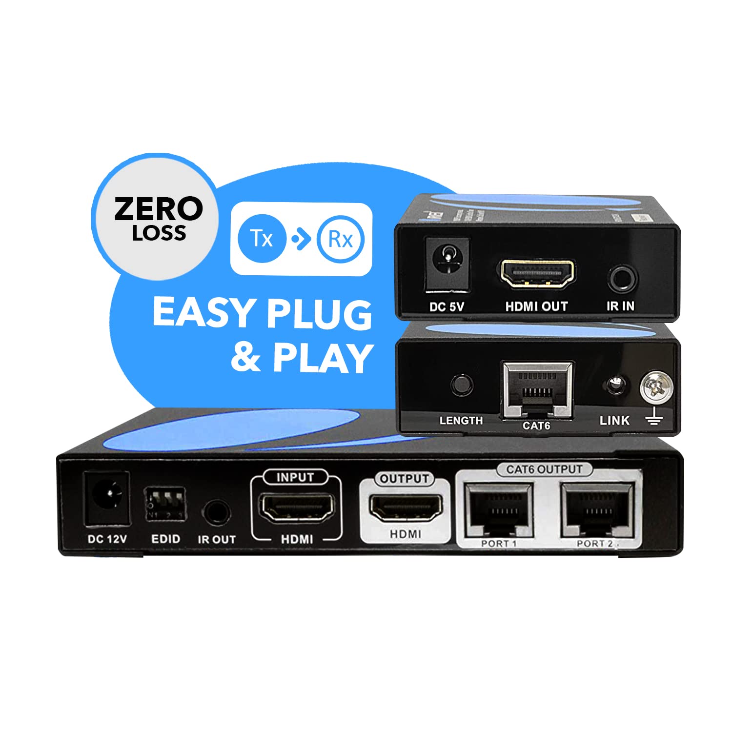 OREI 1X2 HDMI Extender Splitter Over Single CAT6/7 Cable Uncompressed 1080P with IR Remote EDID - Up to 132 Ft - Loop Out - Low Latency - 1 Input 2 Output 2 Channel Transmission