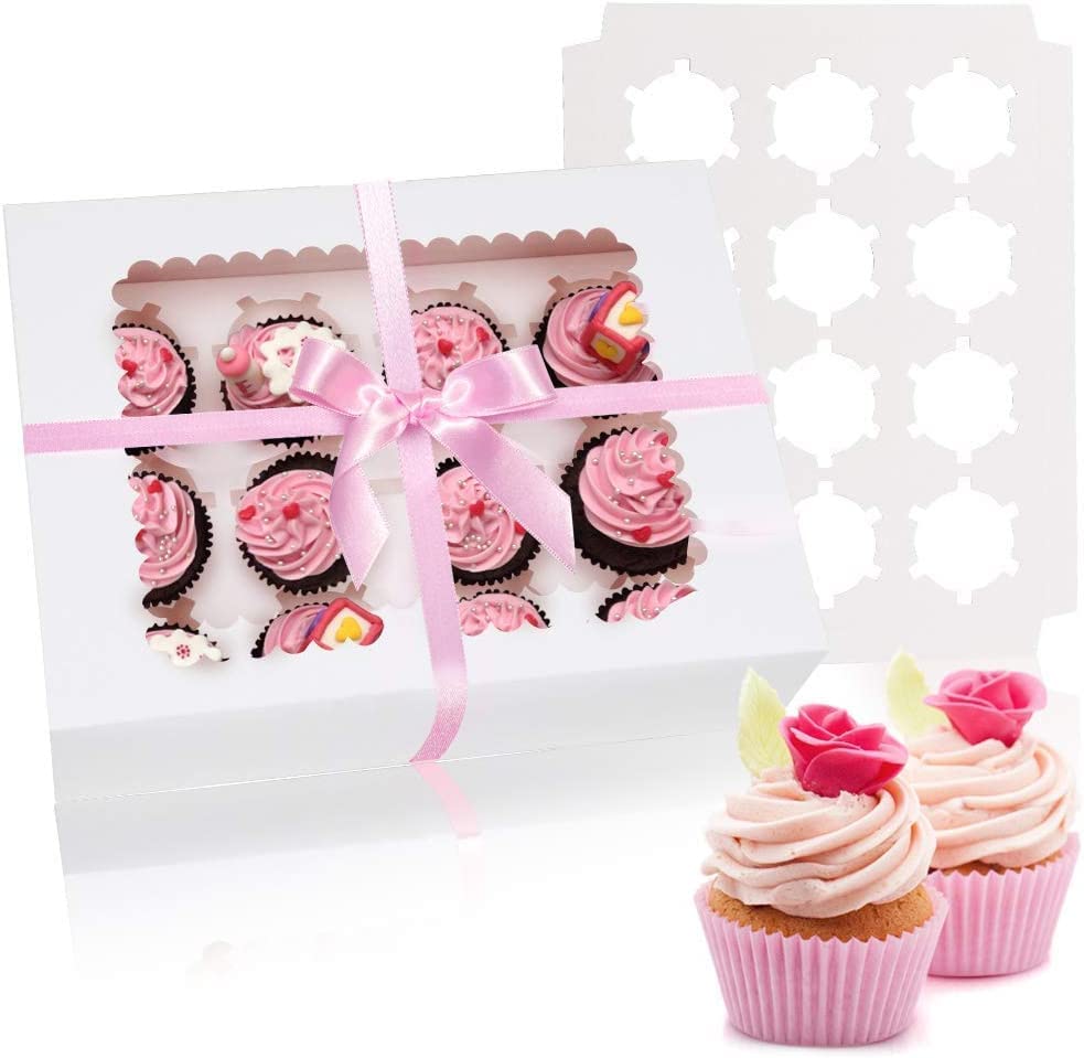 Rarapop 6-Set Cupcake Boxes Hold 12 Standard Cupcales, Food Grade Cupcake Holders Bakery Carrier Boxes with Windowsand Inserts for Cupcakes, Muffins and Pastries