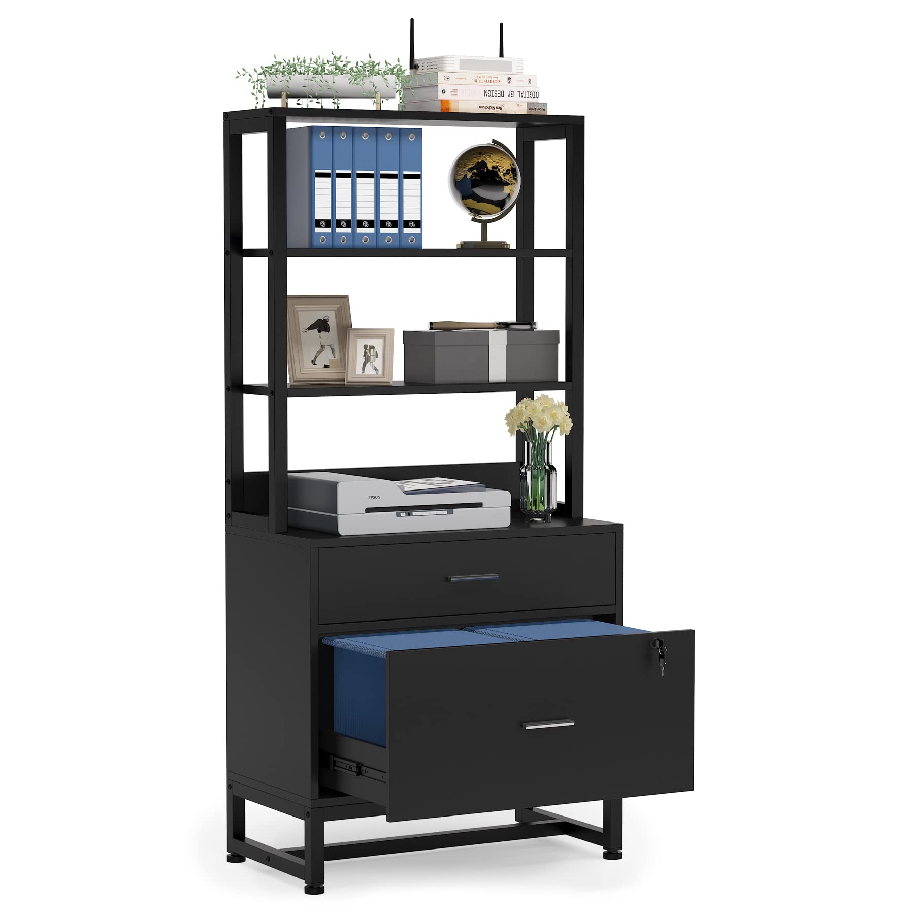 Tribesigns 2 Drawer Vertical File Cabinet with Lock & Bookshelf, Letter Size Large Modern Filing Cabinet Printer Stand with Open Storage Shelves for Home Office, Black