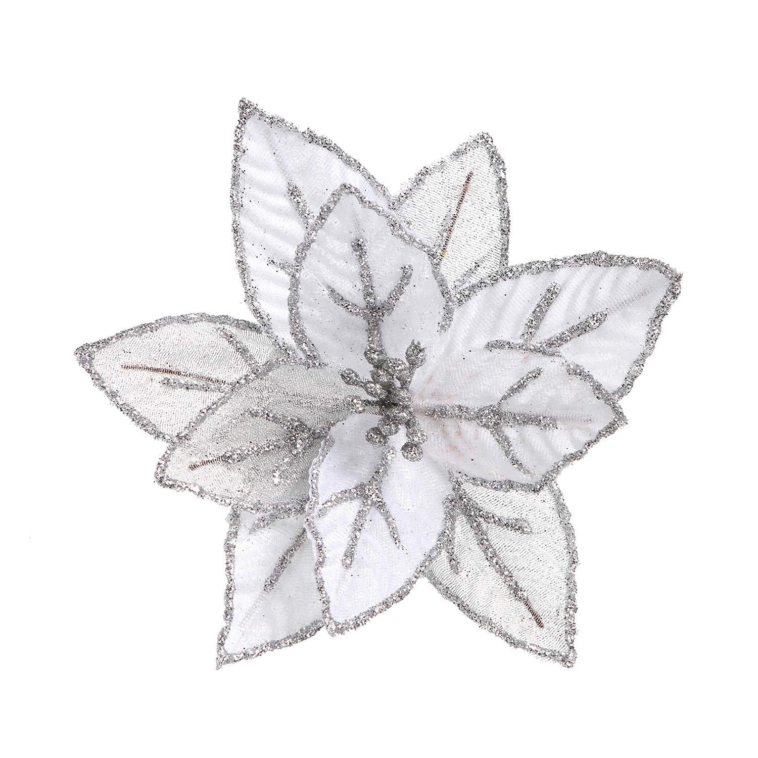 Sea Team 12-Pack Artificial Glitter Poinsettia Christmas Flower Ornaments Tree Decorations, 6.5-inch, Silver