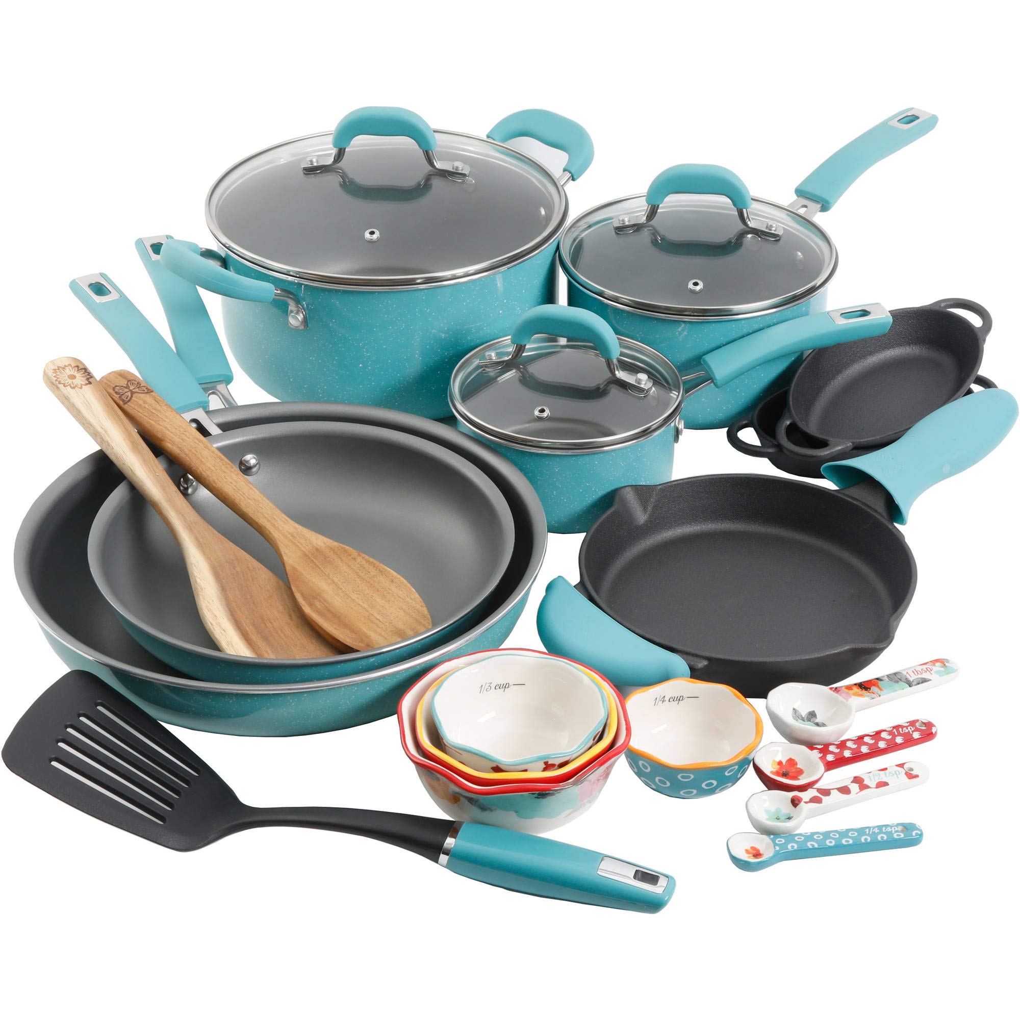 The Pioneer Woman Vintage Speckle 24-Piece Cookware Combo Set in Turquoise bundle with Copper Charm Stainless Steel Copper Bottom Cookware Set, 10 Piece