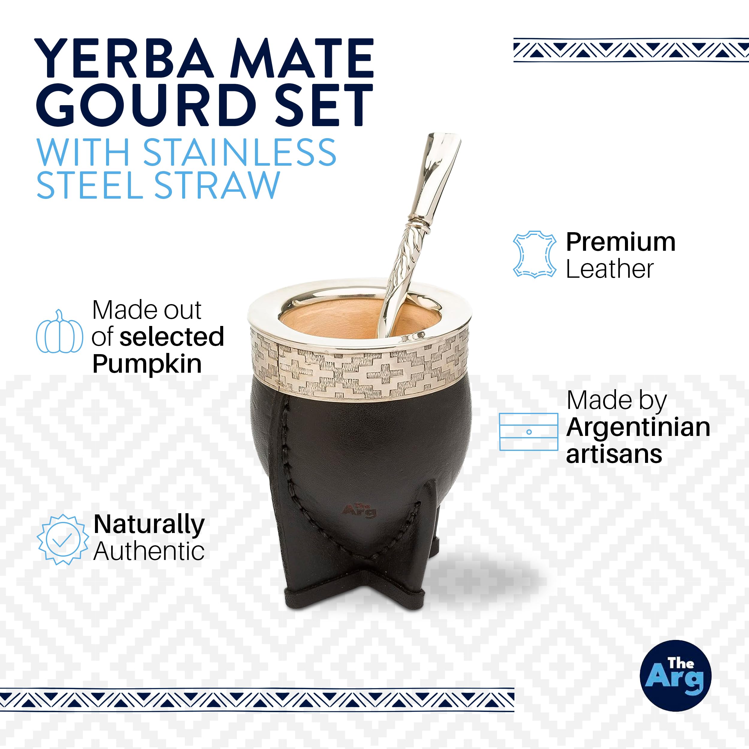 THEARG | Yerba Mate Gourd Set with Stainless Steel Straw | Handmade Leather Yerba Mate Cup and Bombilla Set from Argentina - Beach Essentials - Idea for Gifts | Travel Cup Mate