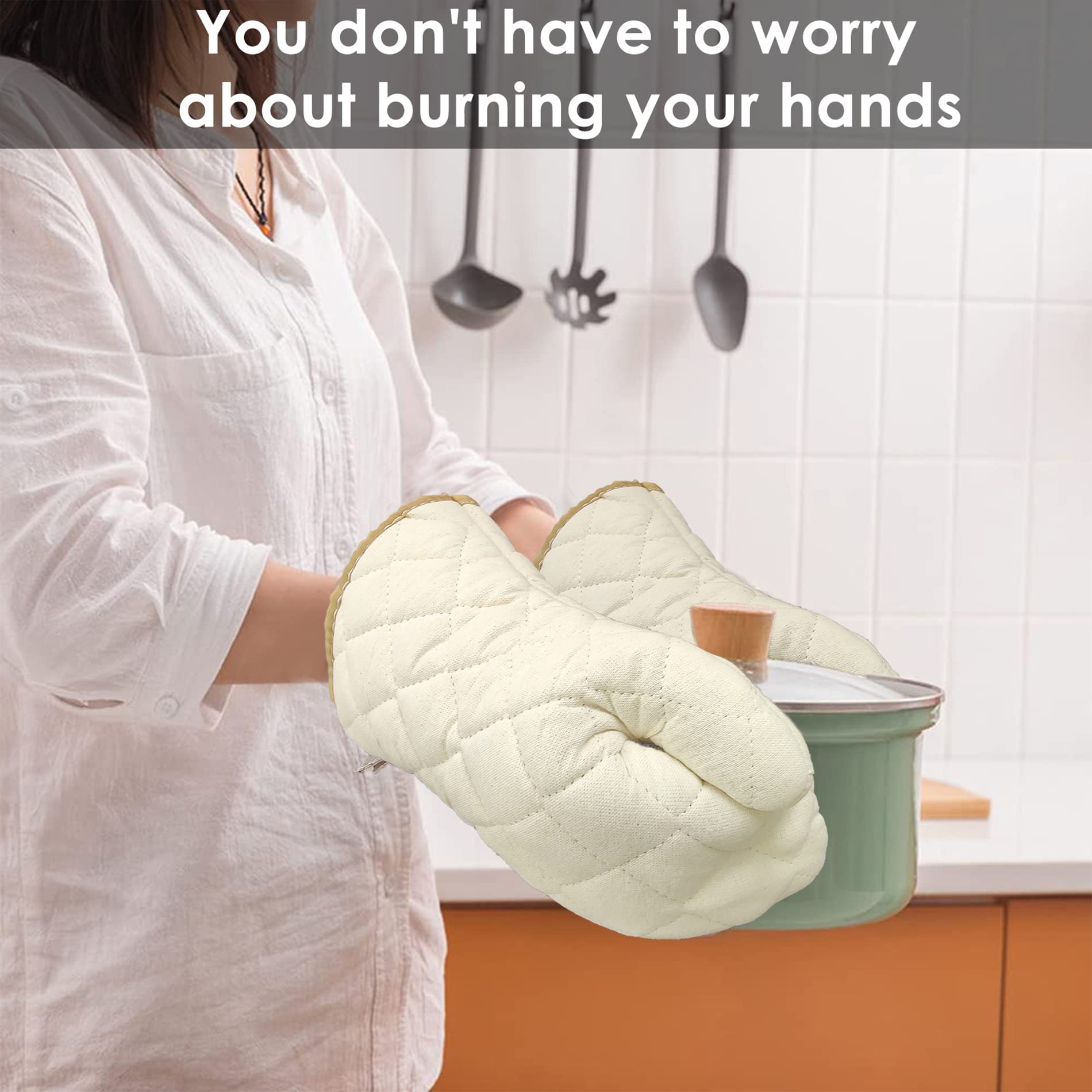 VAIIEYO 1 Pair Oven Mitts - Heat Resistant Thick Cotton, Soft Quilted Lining, for Kitchen Baking, Cooking & Grilling（11 Inch White）