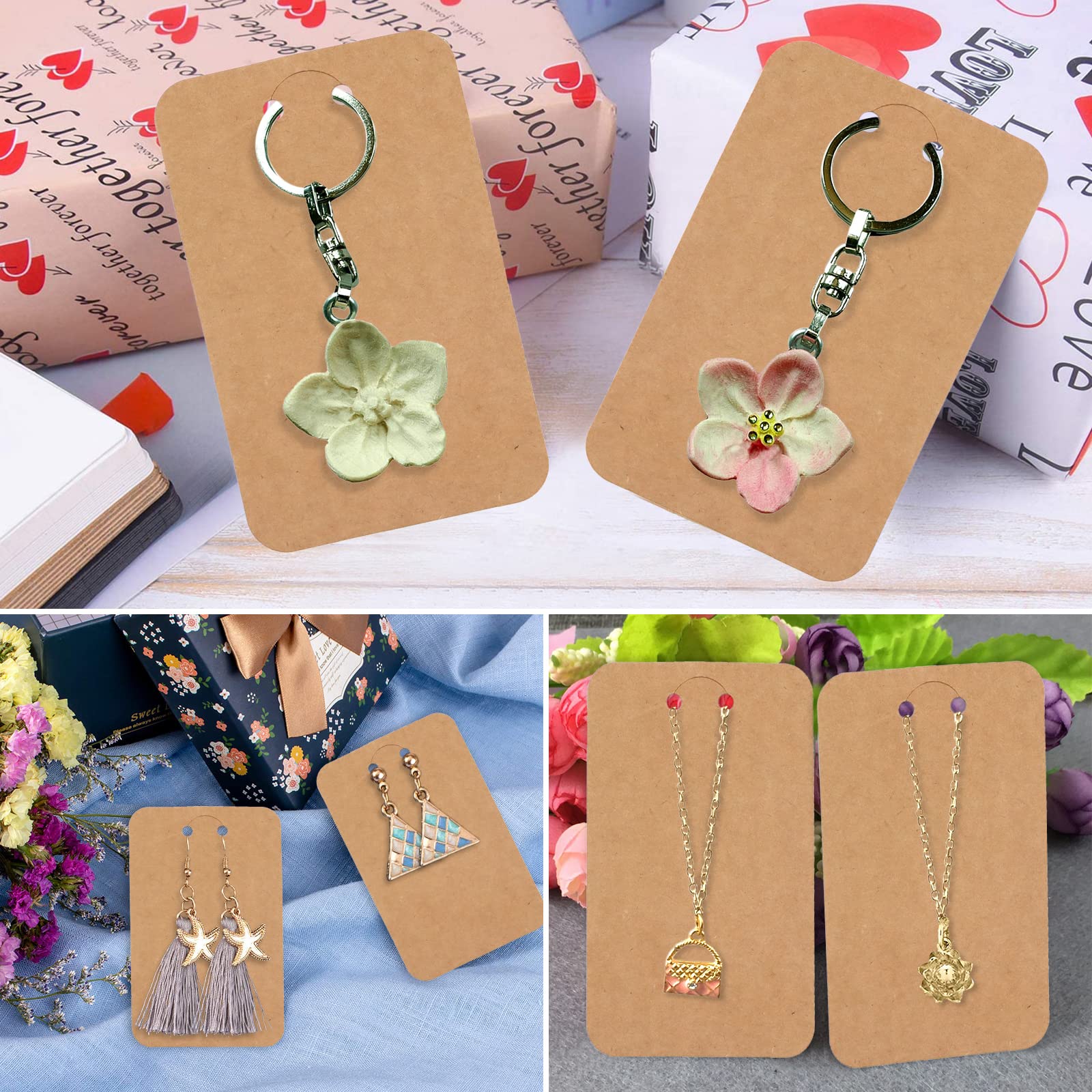 ZYNERY 150 PCS Keychain Display Cards, 3 x 4.7 Inch Keychain Holder with Self-Sealing Bags, Card Display Rack for Displaying Keyring Jewelry Bulk Keychains Packaging Supplies (Kraft)