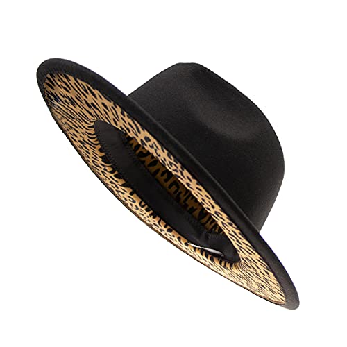 UTOWO Two-Tone Felt-Fedora-Panama-Hats-for-Women-Men, Wide Brim Black & Leopard Patchwork Fedora Jazz Cap
