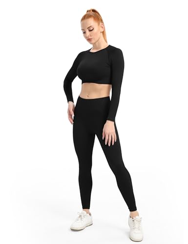 VALANDY Women's Workout Outfits 2 Piece Gym Seamless Yoga Leggings Ribbed Crop Top Long Sleeve Cute Activewear Sets
