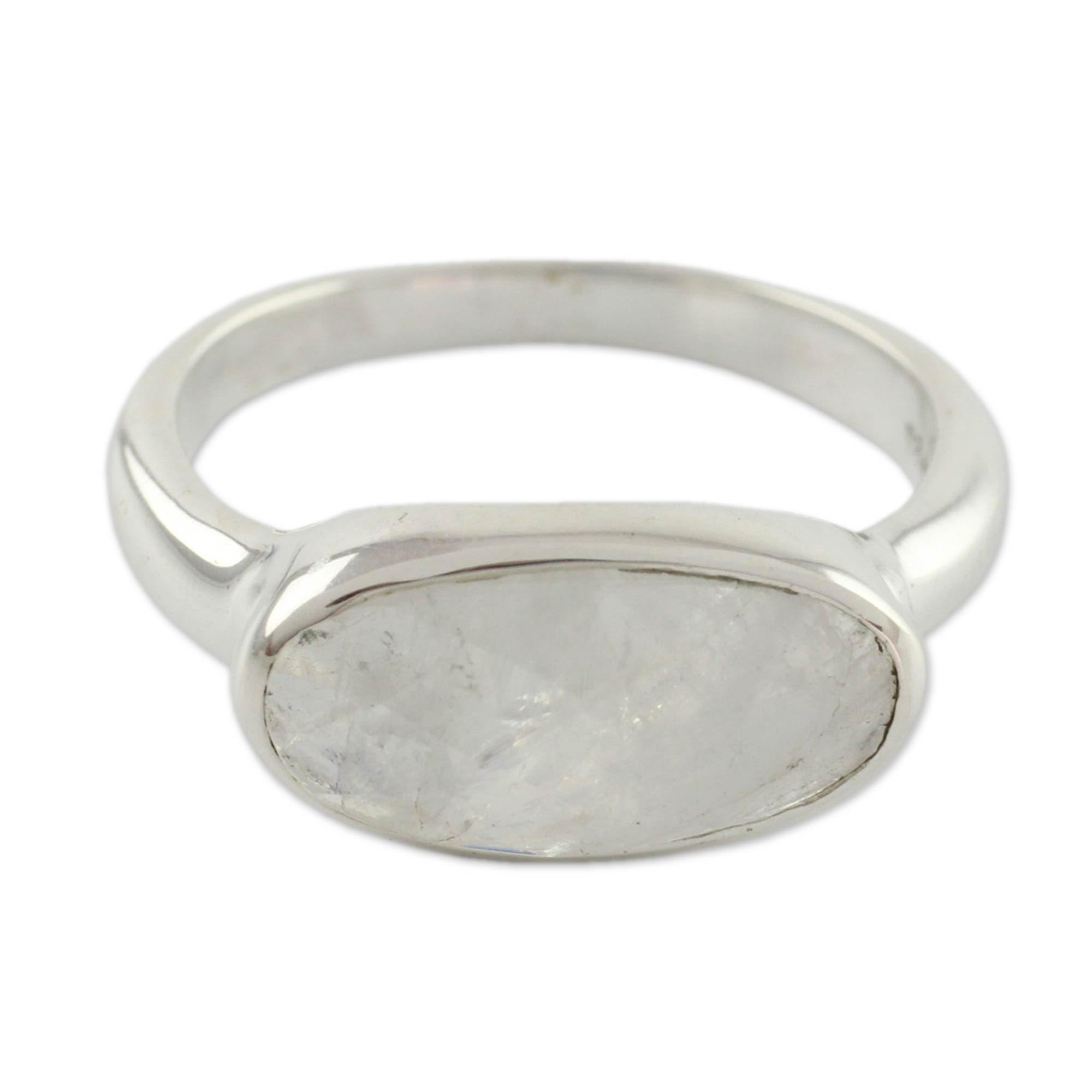 NOVICA Artisan Handmade Rainbow Moonstone Cocktail Ring Sterling Silver Clear Single India Modern [crownbezel 0.5 in L x 0.3 in W Band Width 3 mm W] ' Rainbow Mist'