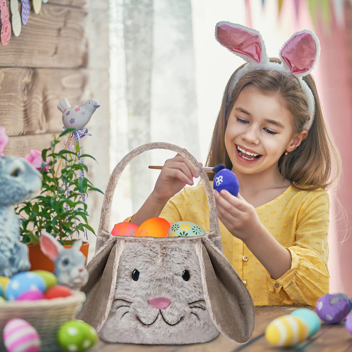 THOVSMOON Easter Bunny Basket,Cute Easter Bucket Bags with Rabbit Ears for Easter Eggs Hunting,Easter Decorations,Candy Gifts Storage (Pink)