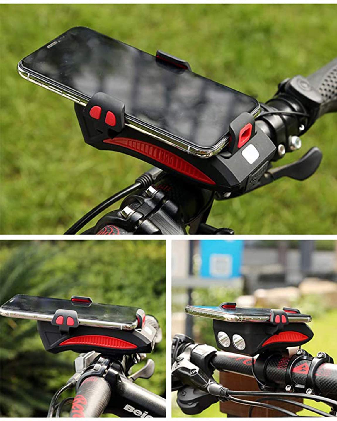 ShipXO 4-in-1 Bike Headlight,Bicycle Horn,Phone Holder,USB Rechargeable Power Bank,Waterproof Adjustable Shock-Absorbing with LED Light & Horn S10,Black