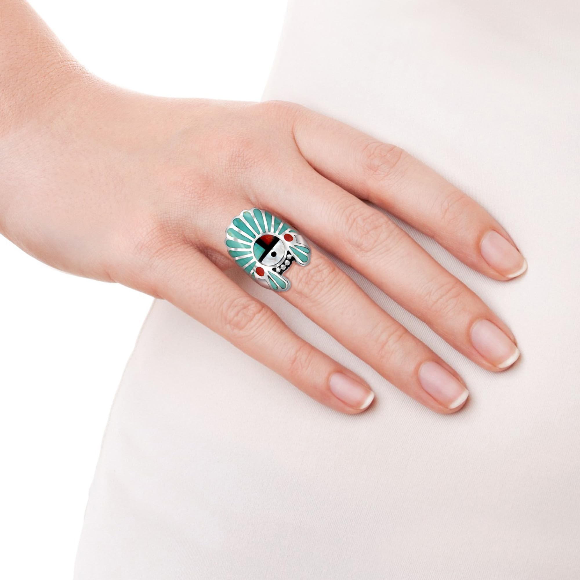 Native American Indian Symbol Simulated Turquoise-Reconstructed Red Coral .925 Sterling Silver Ring (8)
