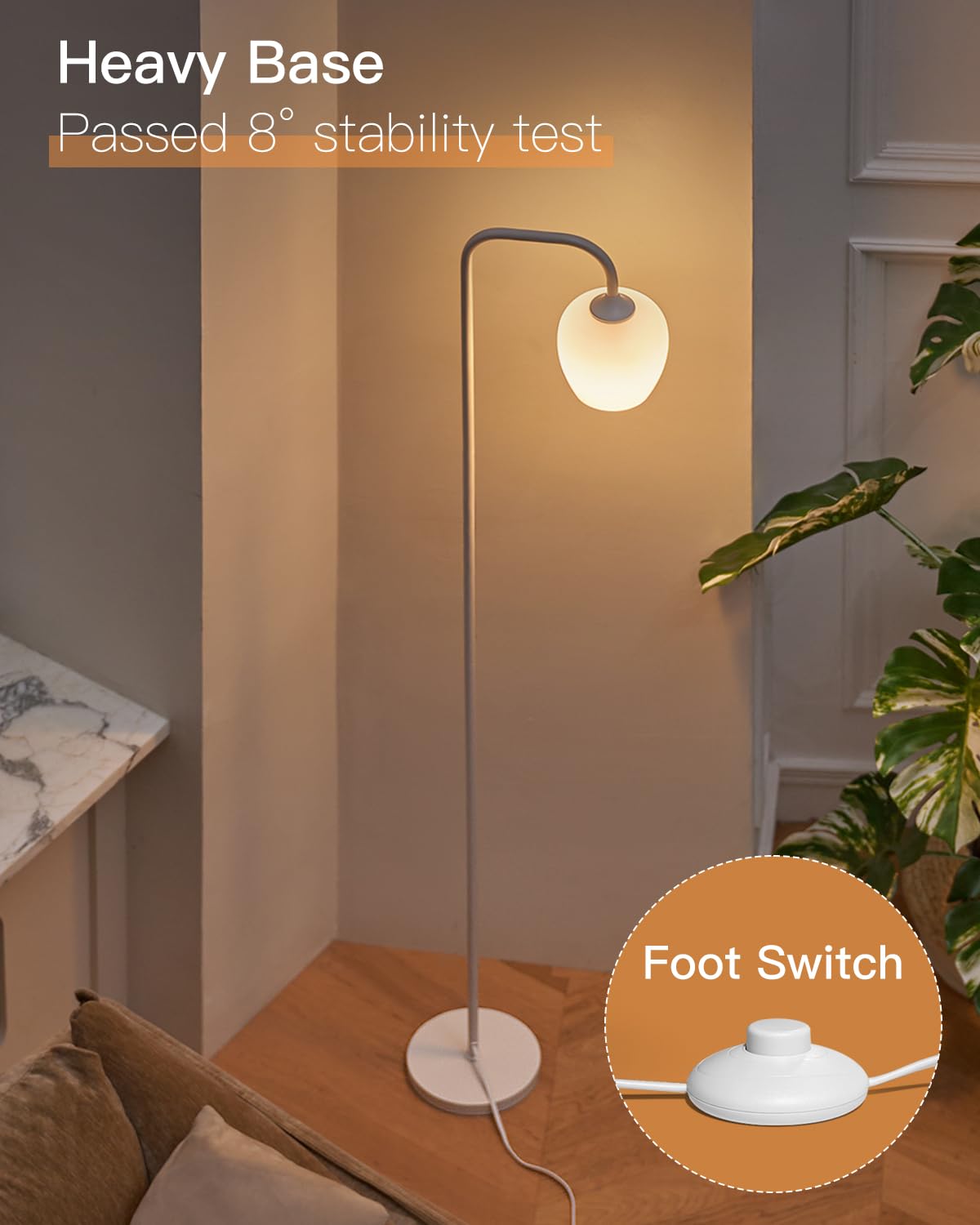 ONEWISH White Floor Lamp-Modern Standing Lamp for Living Room Bedroom, Opal Glass Lamp Shade, LED Bulb Included, for Reading Office, Simple Design Home Decor for Christmas Thanksgiving Day