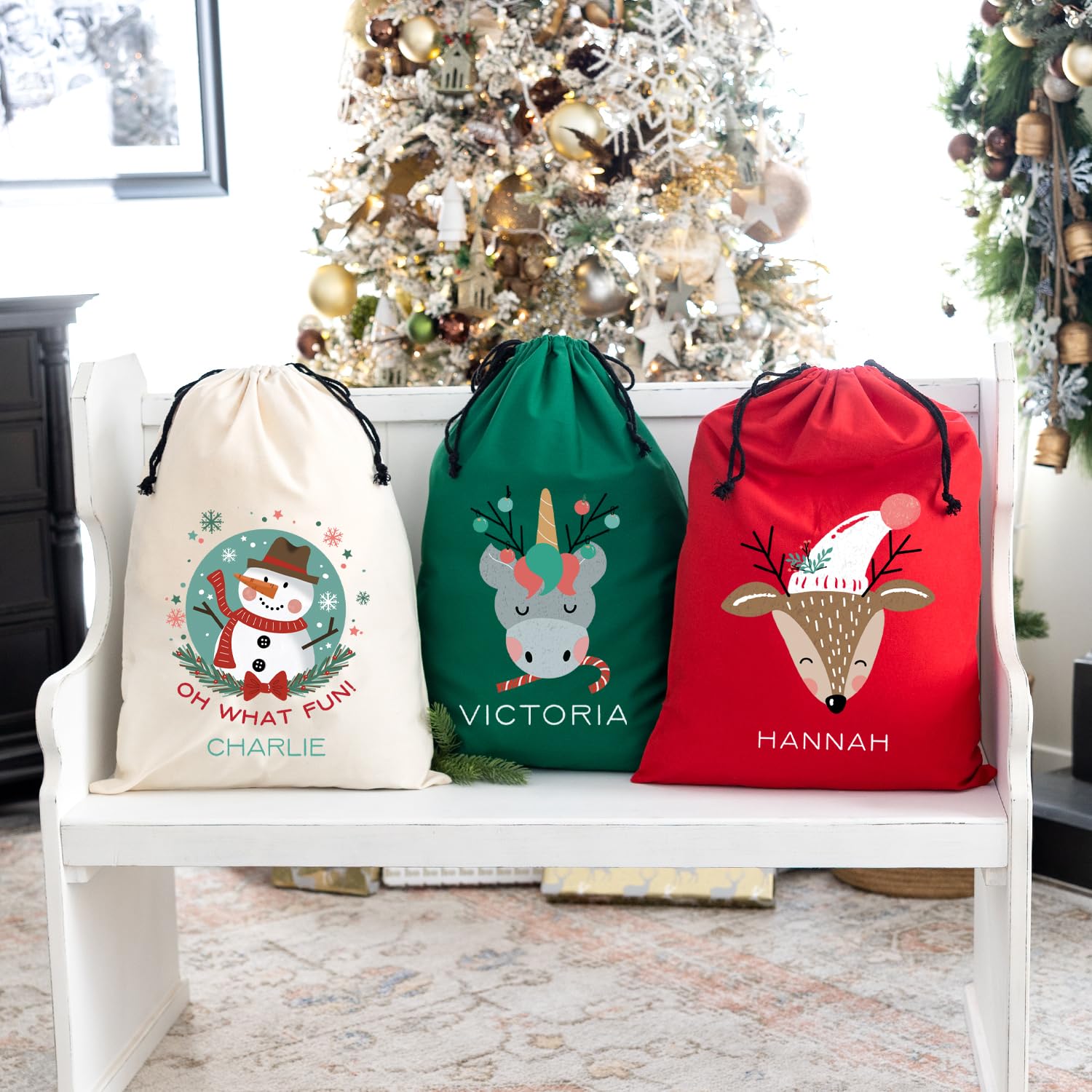 Qualtry Personalized Santa Sack Christmas Bag for Kids Presents (Santa Ho Ho Ho Design, Red 14β x 20.5β) - Medium Cotton Sack with Drawstring - Toy Bag with Name