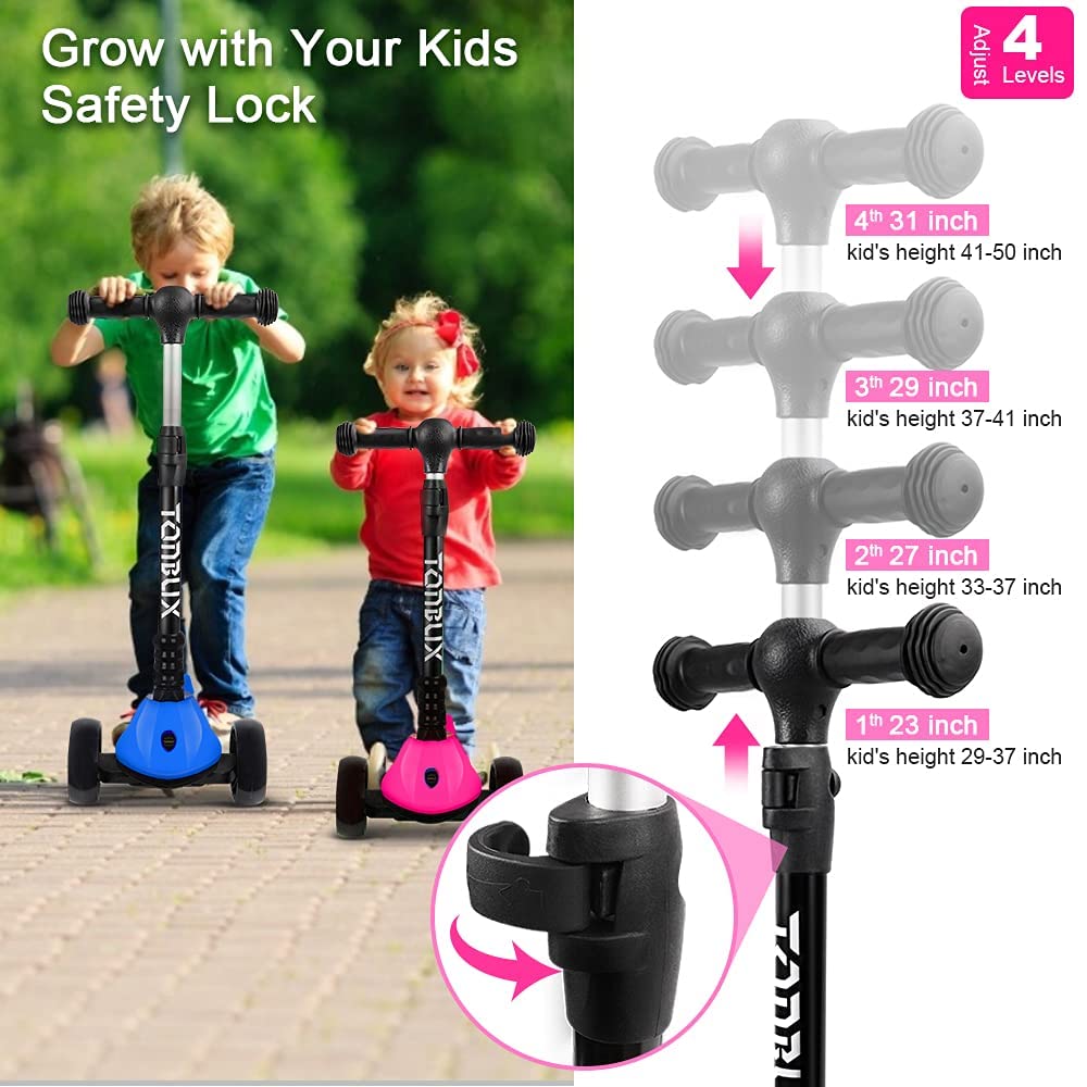 Toddler Scooter, TONBUX Kids Scooter with Foldable, Adjustable Height, Light up 3 Wheels, Rear Brake and Lean to Steer Design for Kids Ages 3-12 - Rose RED