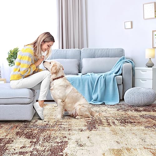 OIGAE Washable Rug 5x7, Abstract Modern Area Rugs with Non-Slip Backing, Non-Shedding Floor Mat Throw Carpet for Living Room Bedroom Kitchen Laundry Home Office, Gold/Brown