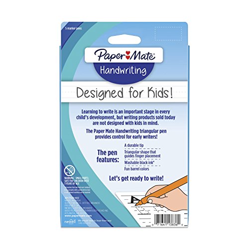 Paper Mate Handwriting Triangular Pens, Washable Black Ink, Fun Barrel Colors, 5 Count (2017533)
