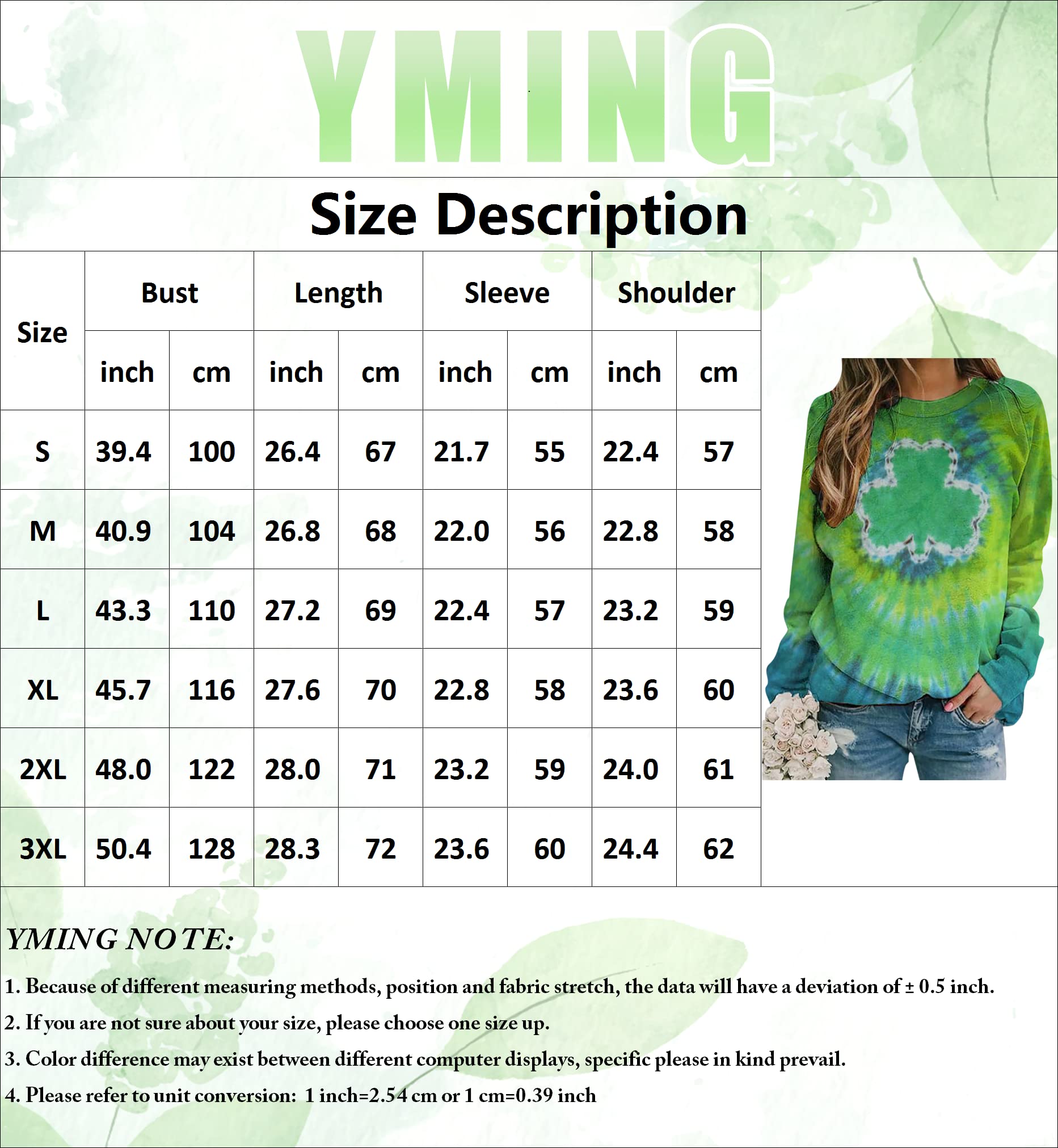 YMING Women's St. Patrick's Day Long Sleeve Pullover Crewneck Clover Print Shirts Casual Shamrock Sweatshirt Tie Dye Green XL
