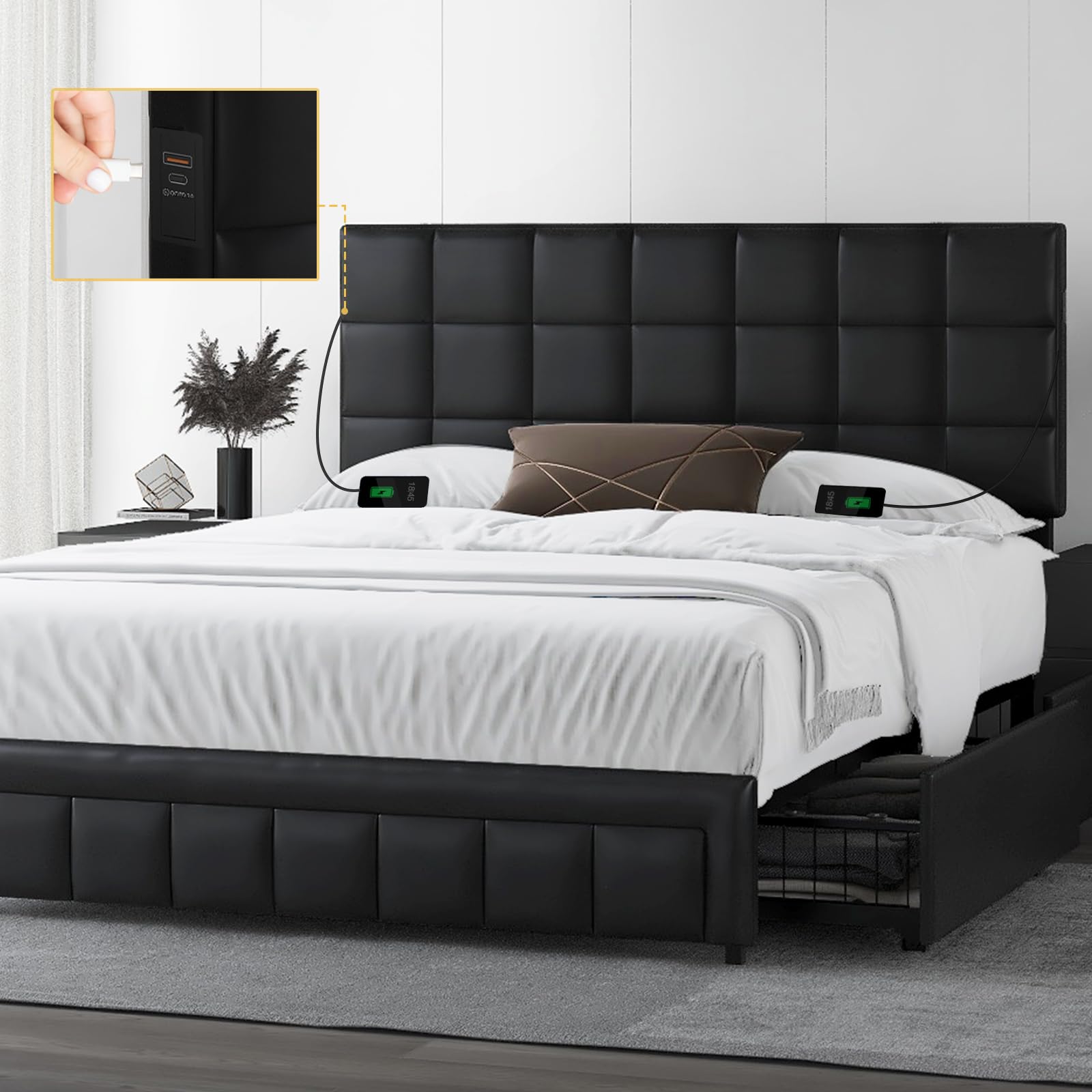 Queen Bed Frame with Storage, Upholstered Bed Frame with 4 Drawers, Adjustable Headboard, Type-C & USB Ports, Wooden Slats, Noise-Free, No Box Spring Needed Easy Assembly Bed Frame with Drawers