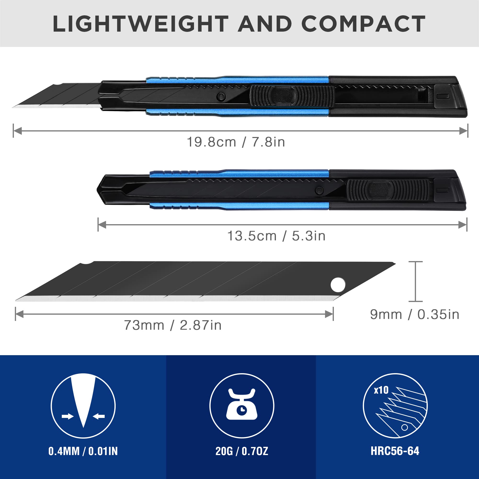 WORKPRO Premium Utility Knife Retractable Snap-off Blade, Heavy Duty Aluminum Box Cutter Set, Razor Knife Exacto Craft Knives, with 10 Extra 9mm Blades, Pack of 5