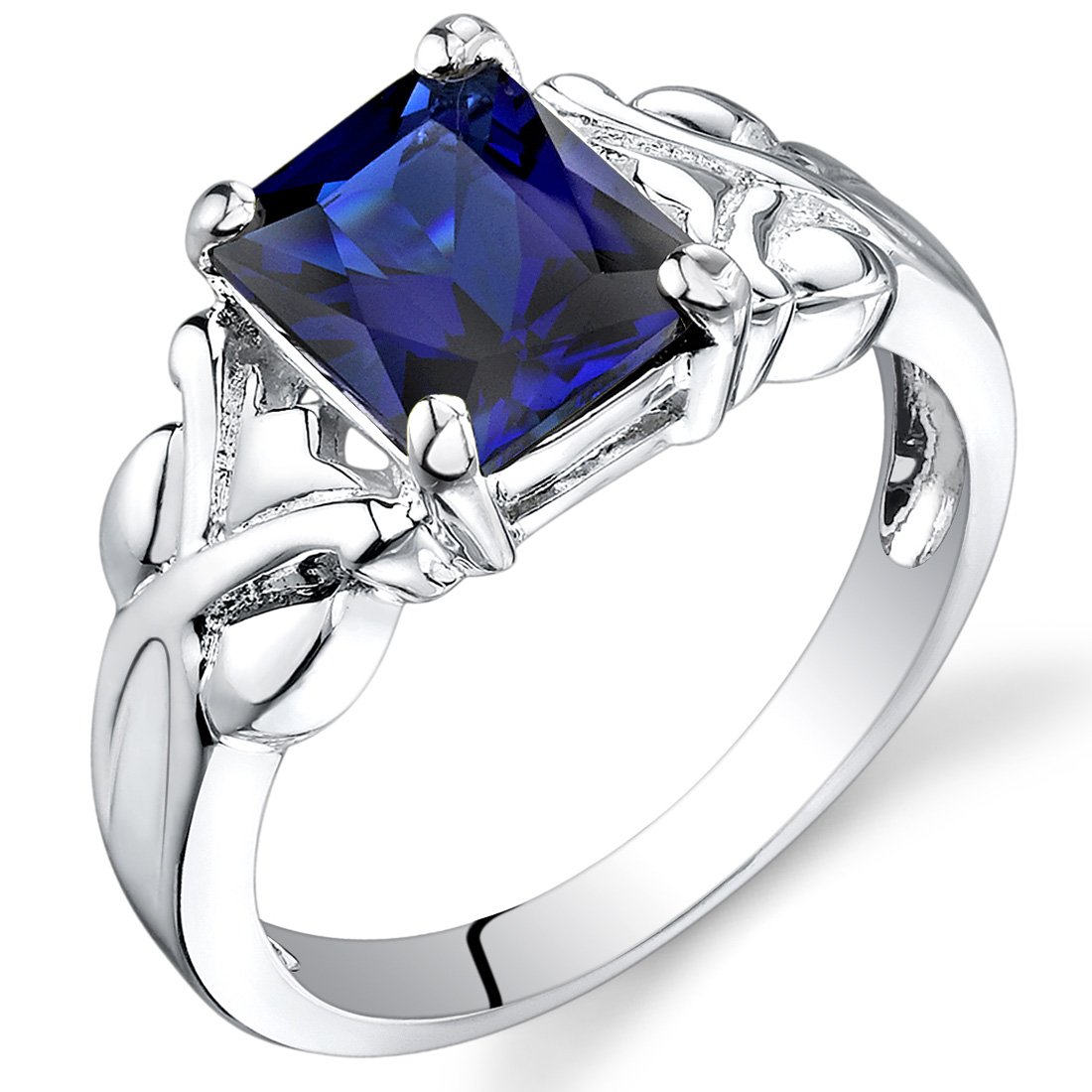 PEORA Created Blue Sapphire Ring for Women 925 Sterling Silver, Designer Criss-Cross Solitaire, 3 Carats Radiant Cut 9x7mm, Comfort Fit, Size 6