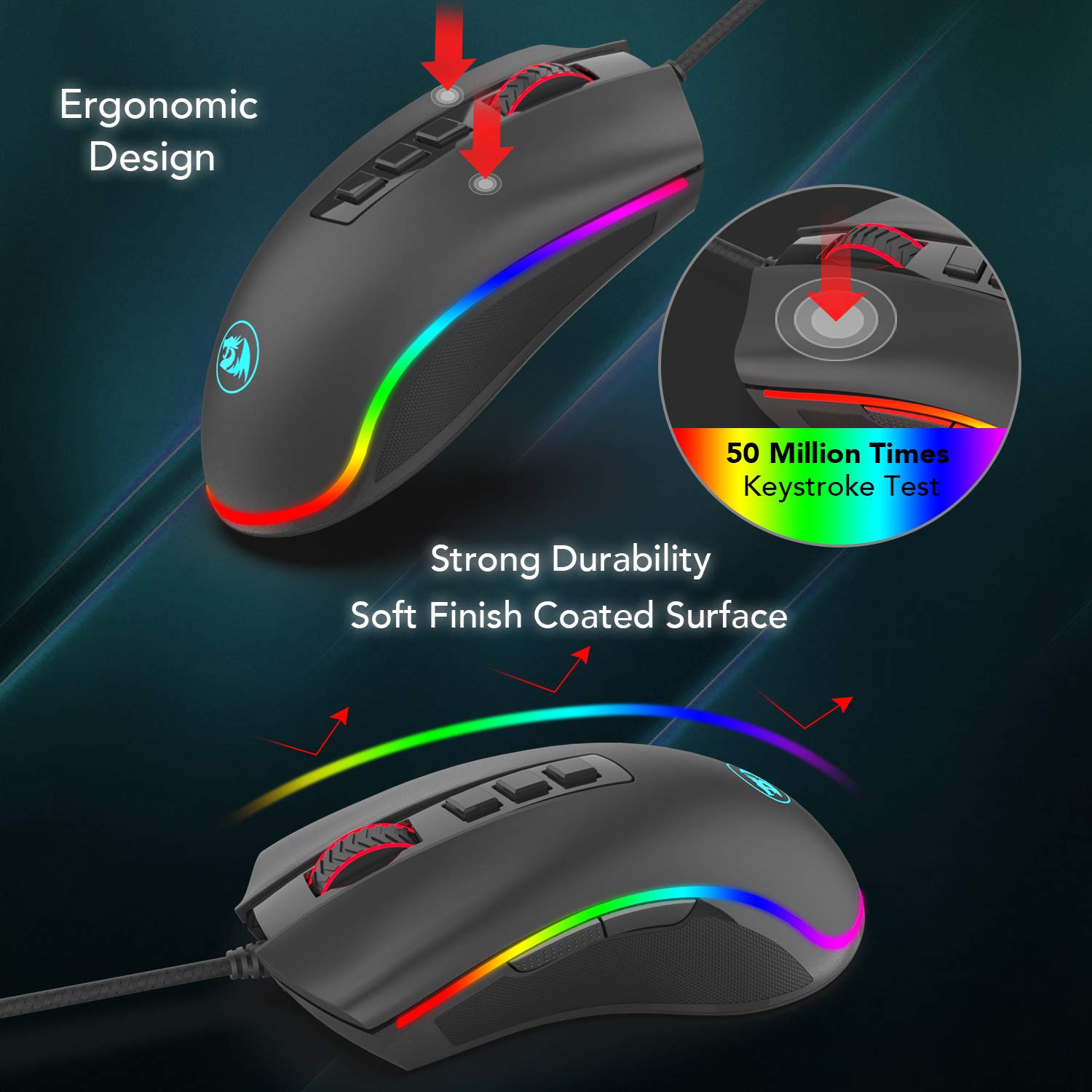 Redragon M711-FPS Cobra FPS Optical Switch (LK) Gaming Mouse, Wired RGB Gamer Mouse w/ 50 Million Click Lifespan, Onboard 16,000 DPI (32,000 via Software) and 7 Programmable Macro Buttons