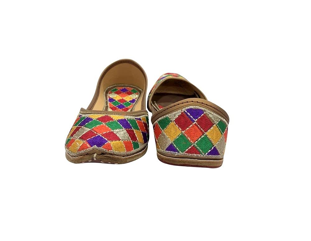 Punjabi Jutti for Women Multicolor Phulkari Ethnic Handmade Shoes Flat Mojari Beaded Traditional Jooti