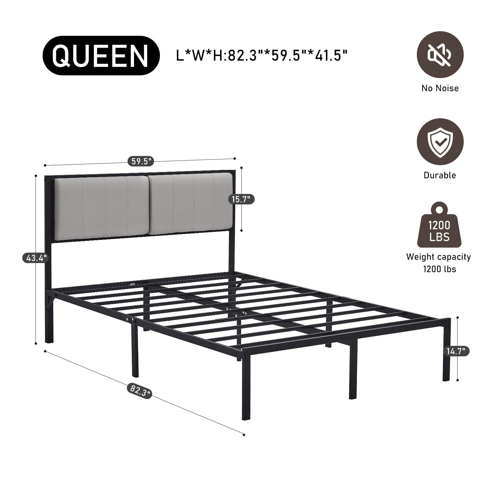 PUNSOKO Queen Bed Frame, Queen Size Bed Frame with Leather Headboard, Platform Bed Frame No Box Spring Needed, Strong Metal Slats Support, Easy Assembly, Noise-Free