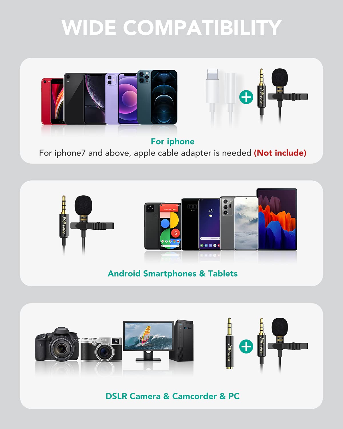 PoP voice 196” Single Head Lavalier Lapel Microphone Omnidirectional Condenser Mic for Apple iPhone Android & Windows Smartphones, Youtube, Interview, Studio, Video Recording, Noise Cancelling Mic