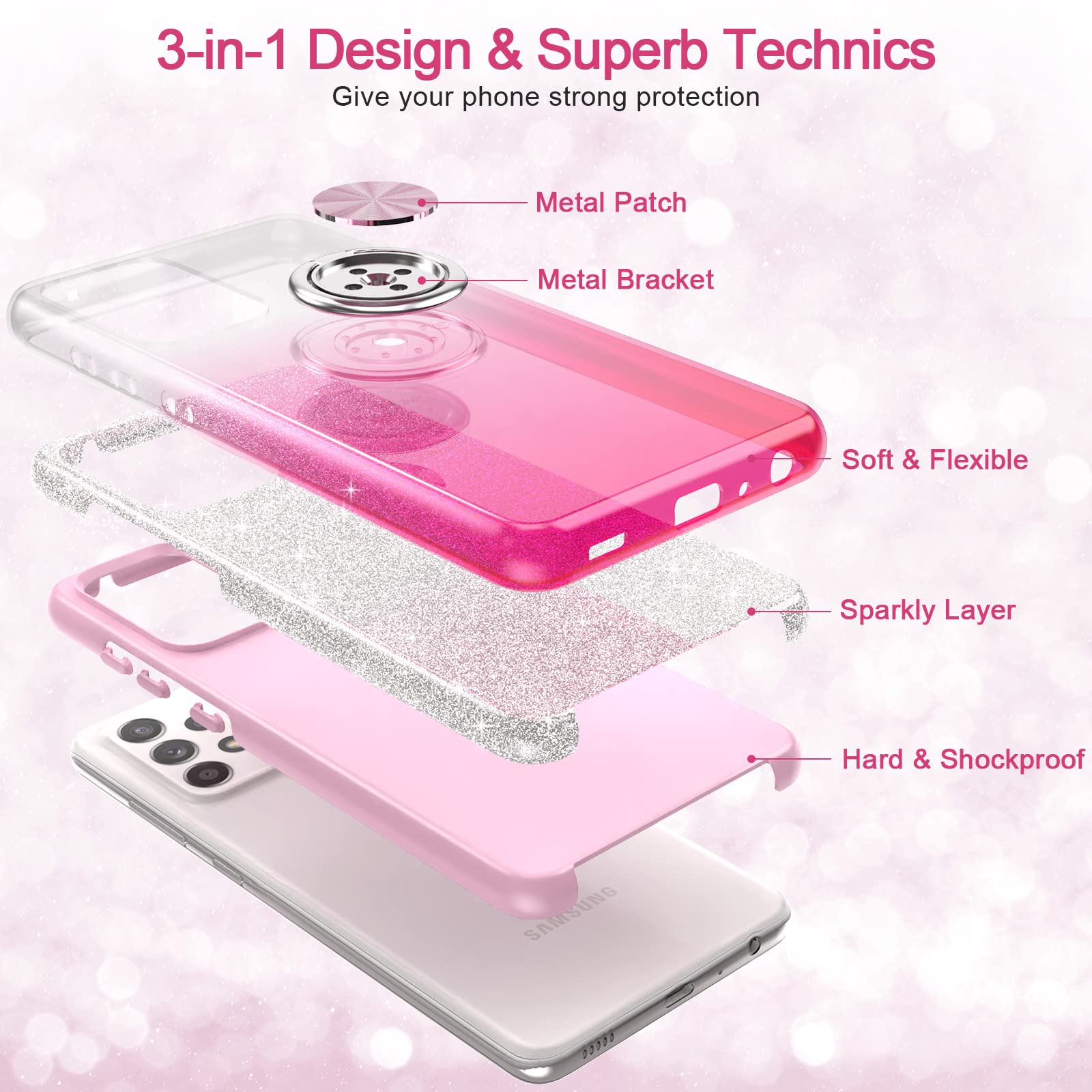 PeeTep Galaxy A52 5G Case for Girls Women, Slim Fit Glitter Sparkly Case with 360°Ring Holder Kickstand Magnetic Car Mount Shock-Absorbent Protective Sturdy Cover,Pink