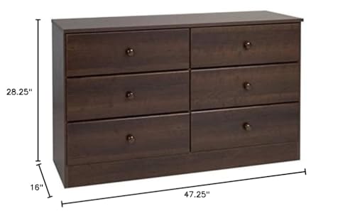Prepac Astrid 6 Drawer Double Dresser For Bedroom, 16" D x 47.25" W x 28.25" H, Espresso