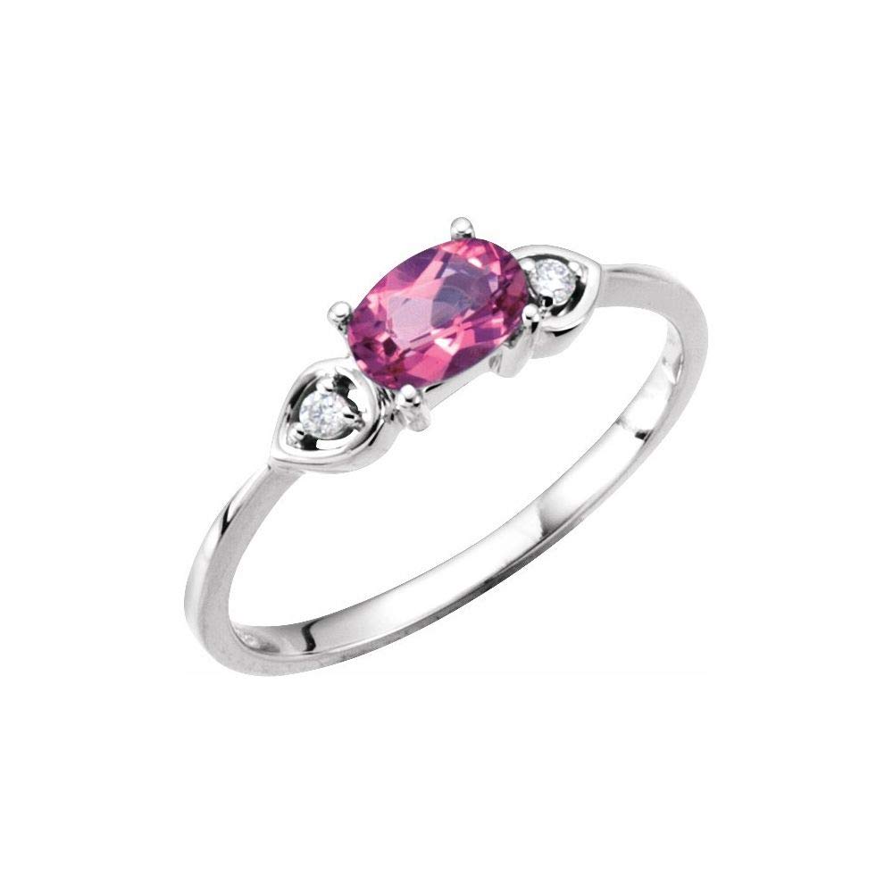 Solid 14k White Gold Pink Tourmaline and Diamond Accented 3 Three Stone Ring Band (Width = 4.3mm) - Size 5.5