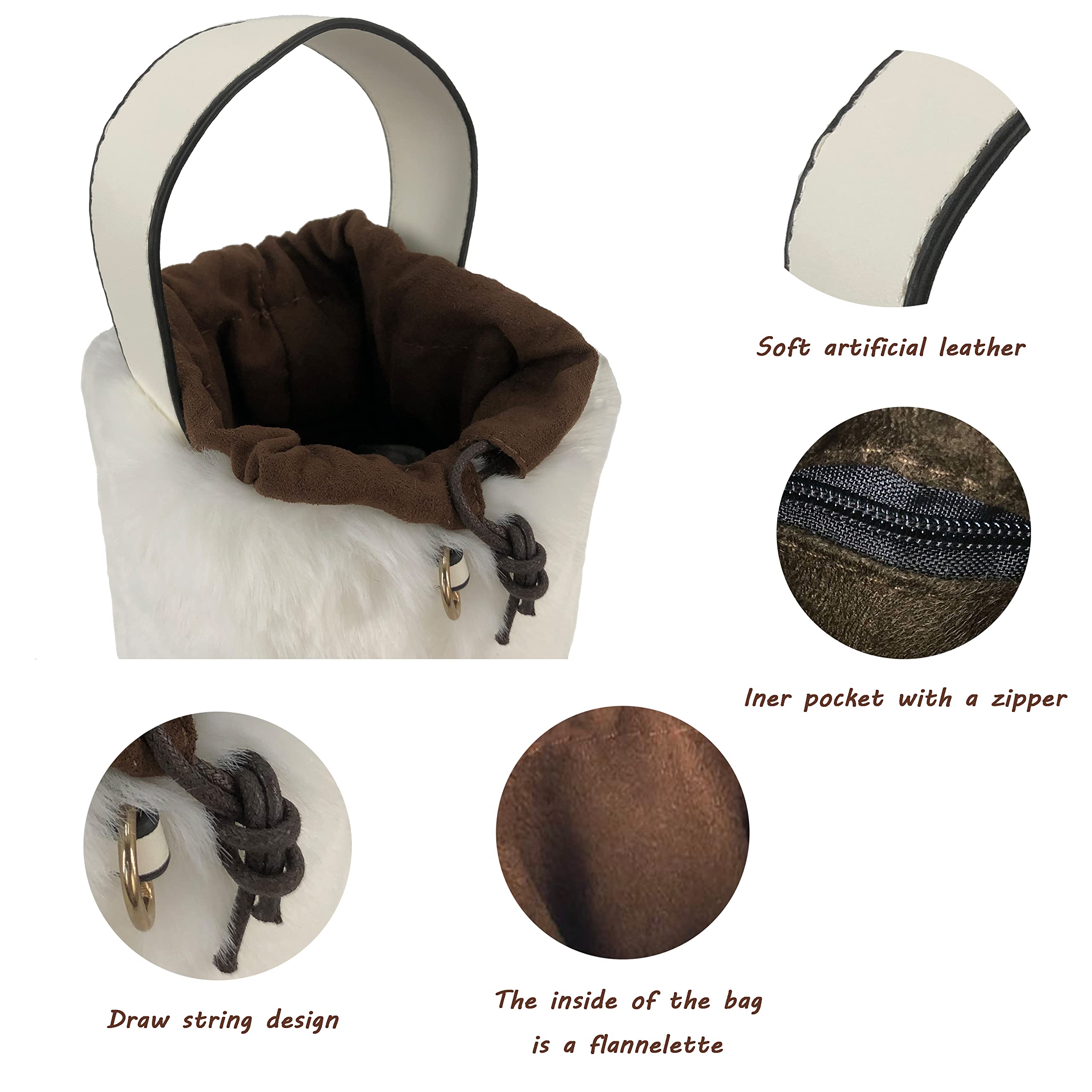 TANJUR Plush Cylinder Bucket Bag Women Vogue Handbag Faux Leather Top-Handle Tote Shoulder Bag (White)