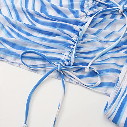 Nhicdns Women's 3 Piece Swimsuits Sexy Triangle Halter Bikini Set Mesh Beach Bathing Suit Cover up Dress Blue Stripe X-Large New