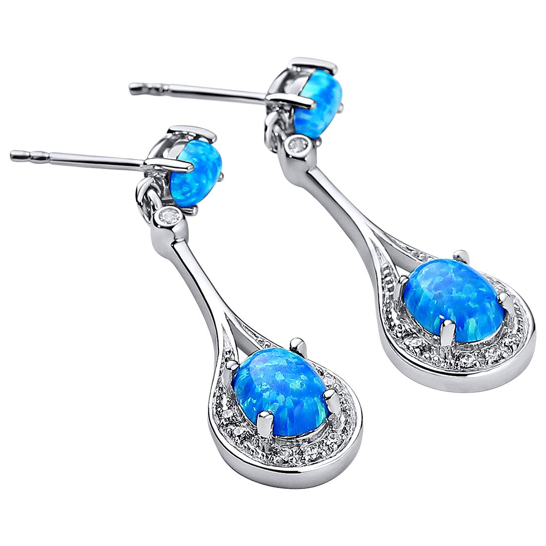 Peora Created Blue Fire Opal Dangle Earrings for Women Sterling Silver, Halo Drop Oval Shape, 3.50 Carats total, Hypoallergenic, Friction Backs