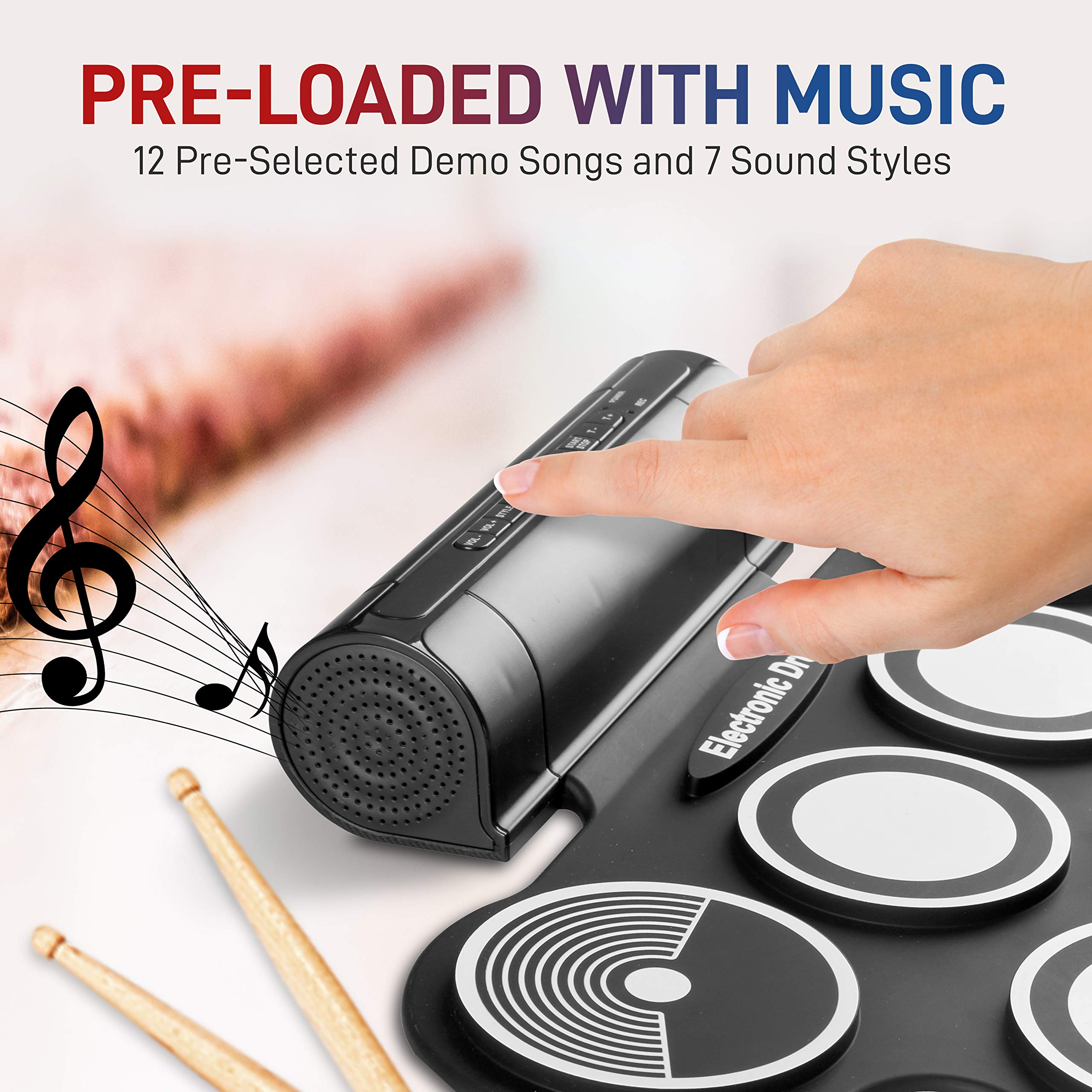 Pyle Electronic Roll Up MIDI Drum Kit W/ 9 Electric Drum Pads, Foot Pedals, Drumsticks, & Power Supply | Quick Setup | Tabletop Roll Up Drum Kit | Pre-Loaded W/ Drum Electric Kits & Songs (PTEDRL14)