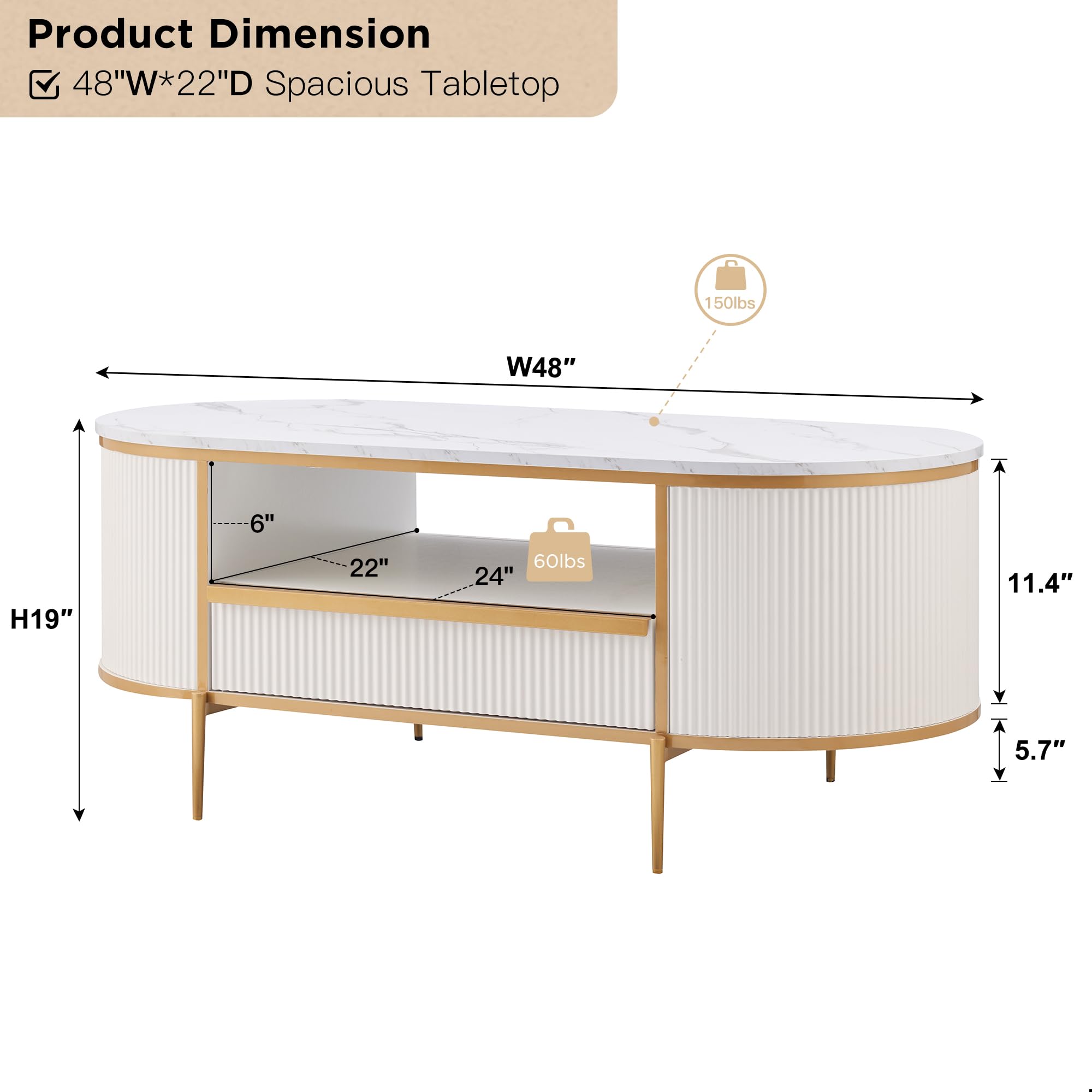 OKD Modern Luxury Fluted Coffee Table, 48" Oval Coffee Table with Drawer, Faux Marble Top, Curved Profile Design, Gold Metal Decor, Center Table for Living Room, Solid White