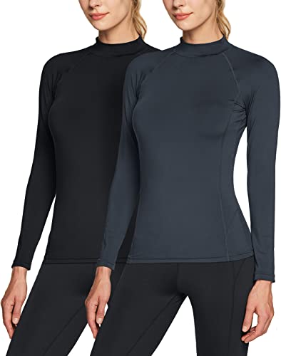 TSLA Women's Thermal Long Sleeve Tops, Mock Turtle & Crew Neck Shirts, Fleece Lined Compression Base Layer, Heat Core Mock Neck 2pack Black/Charcoal, Medium