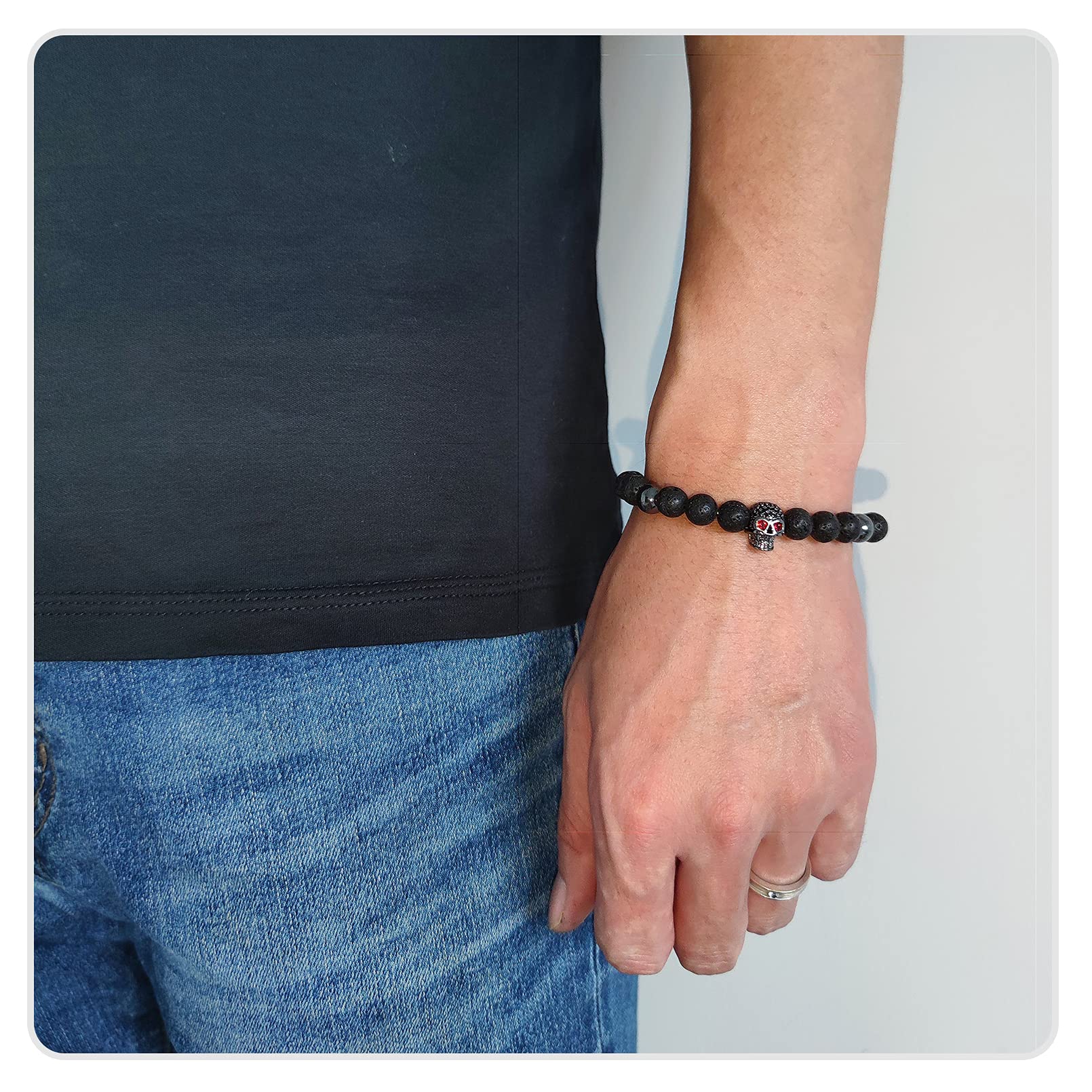 Nsitbbuery Fashion Crystal Eye Skull Bracelet 8MM Lava Rock Bead Bracelet